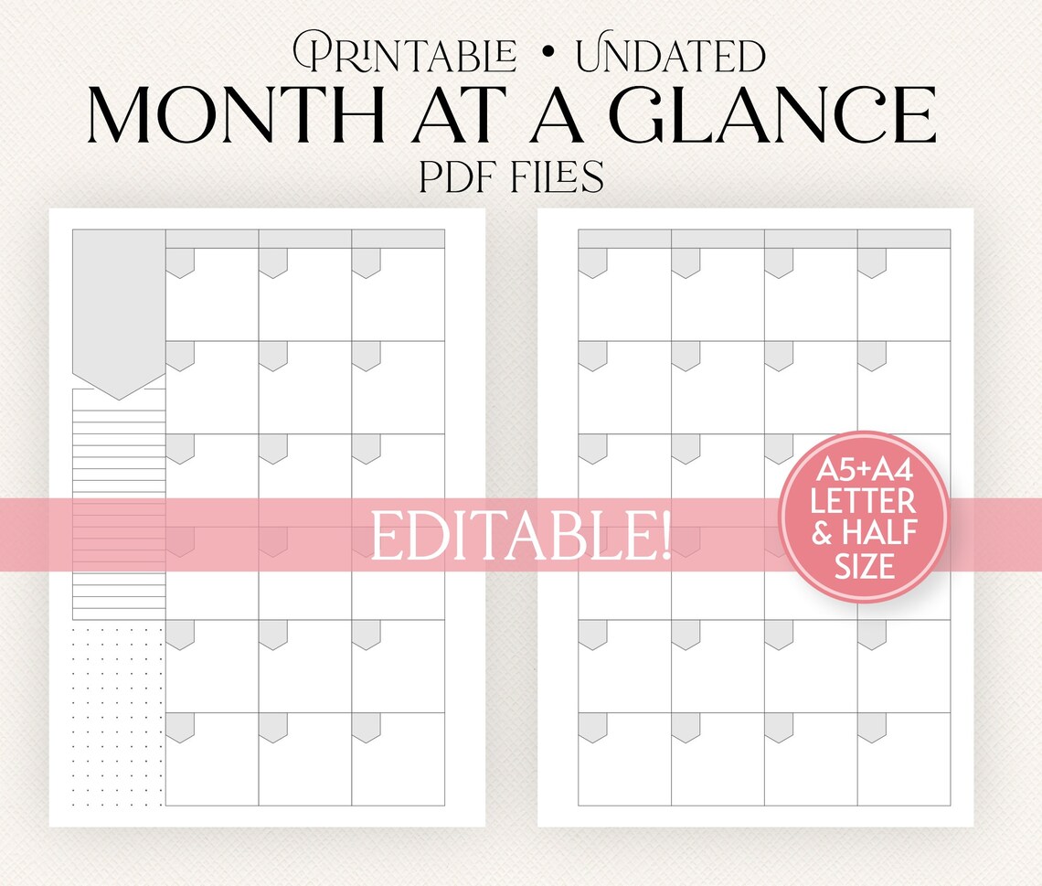 Editable Calendar Printable Planner Insert Undated Month at - Etsy