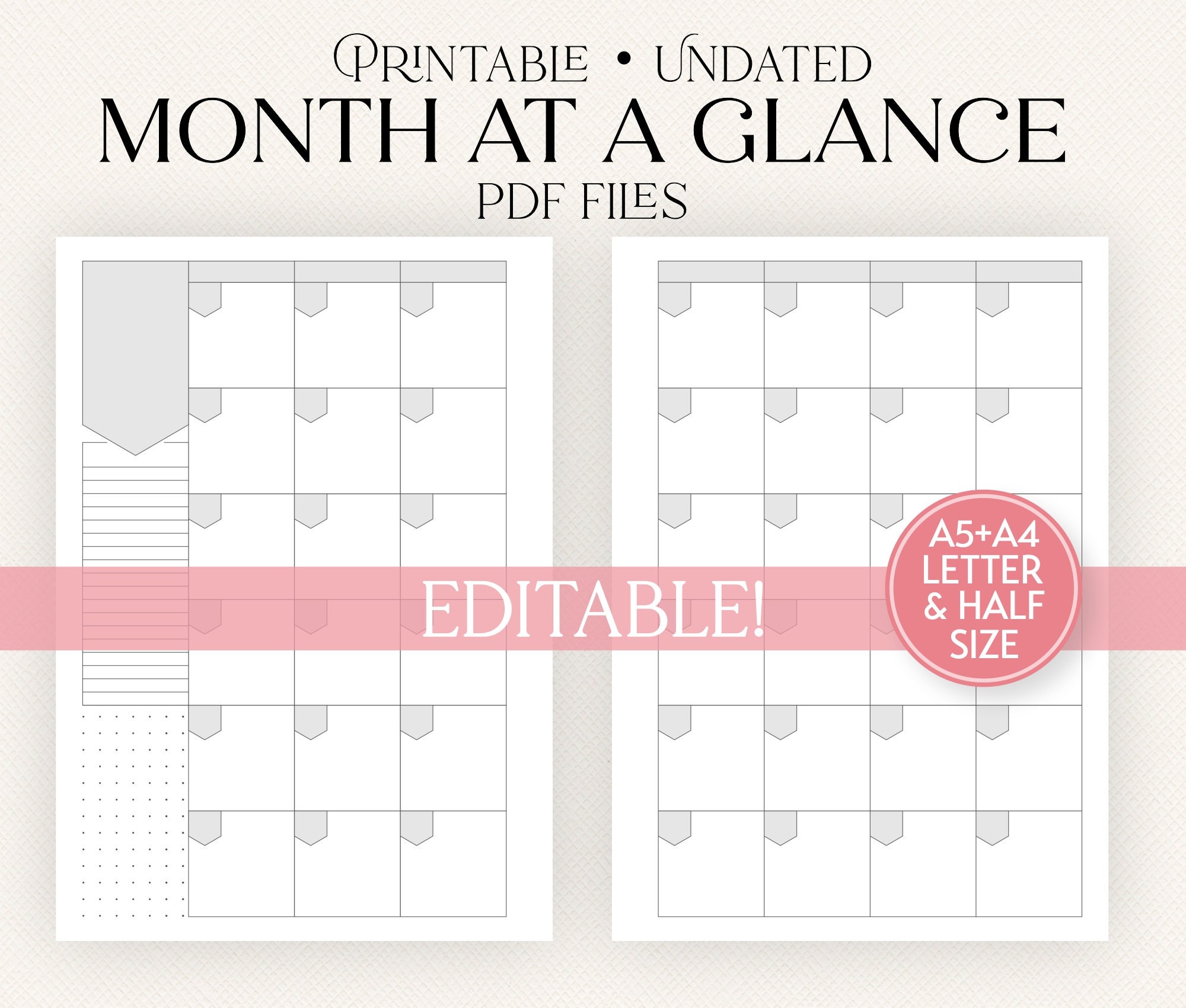 Editable Calendar Printable Planner Insert Undated Month at - Etsy