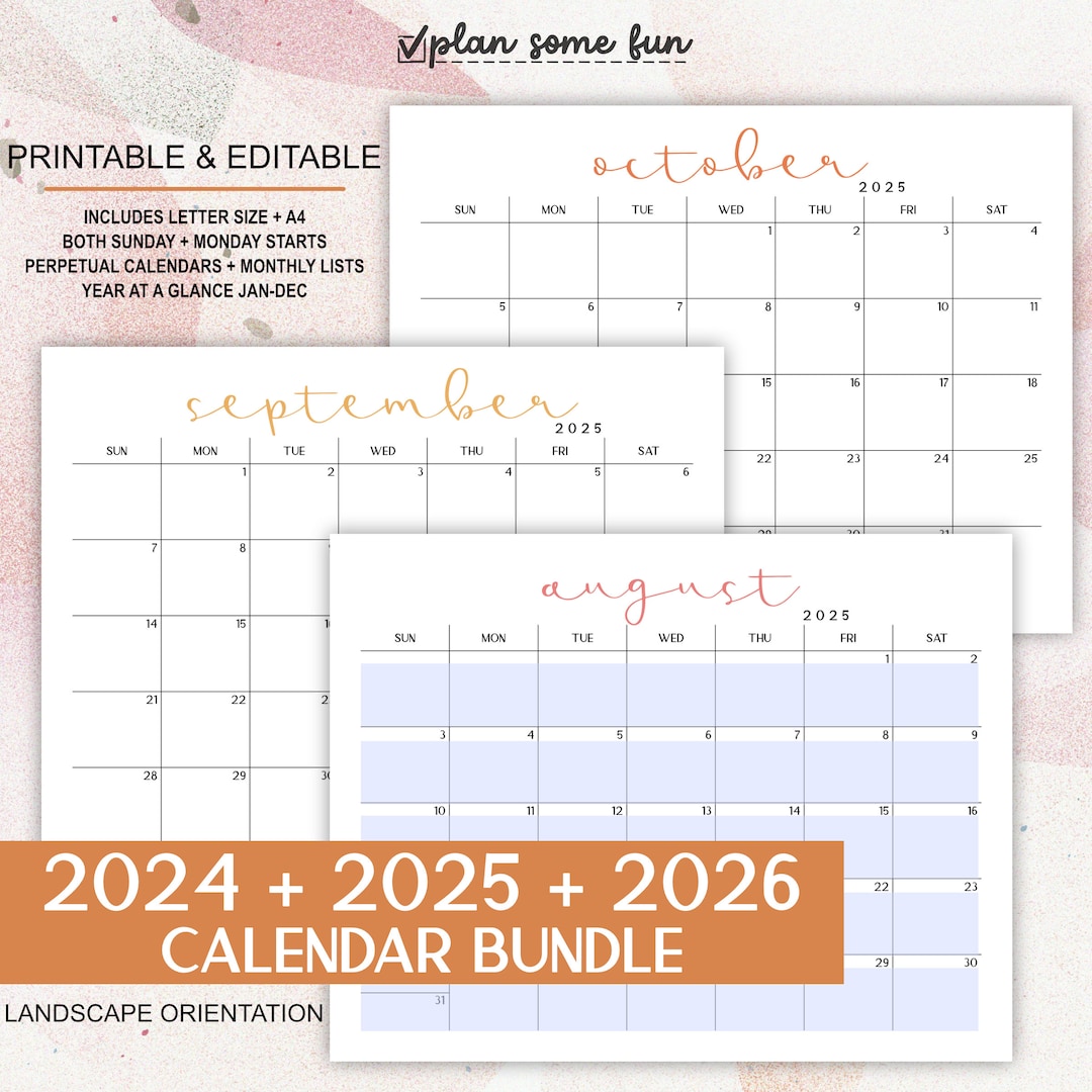 Printable Editable 2025 2026 Landscape Monthly Calendar Bundle Includes ...