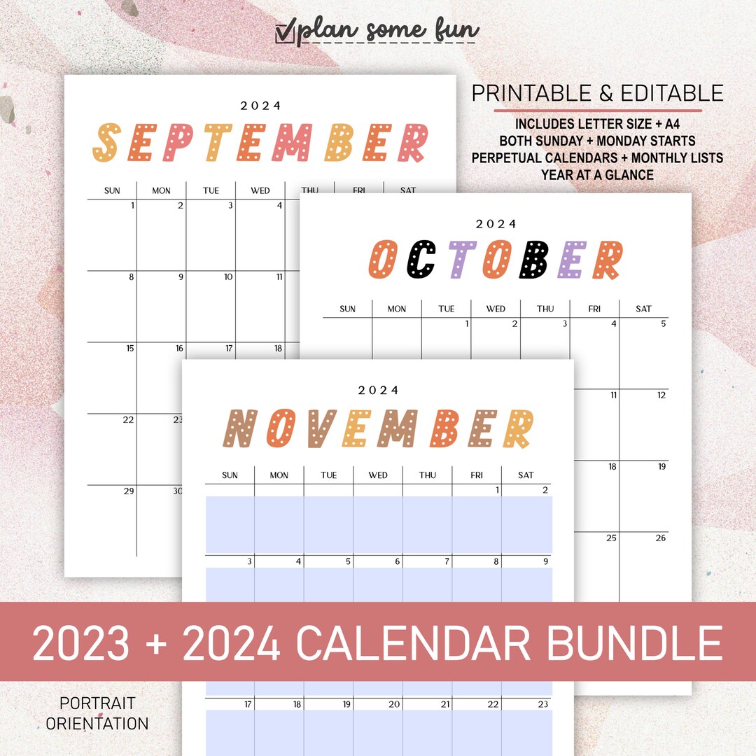 2023 2024 Calendar Bundle Printable Editable Portrait Monthly Calendars ...