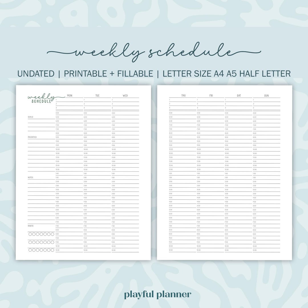 Printable Weekly Schedule Fillable PDF Work Planner Hourly Schedule ...