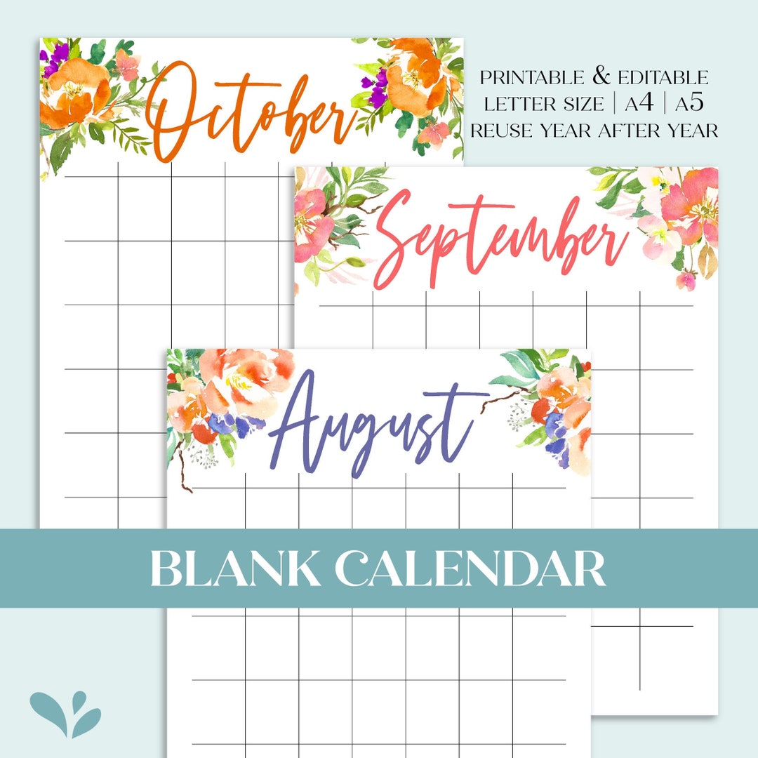Editable + Printable Undated Monthly Calendar in Sizes A4 A5 and Letter ...