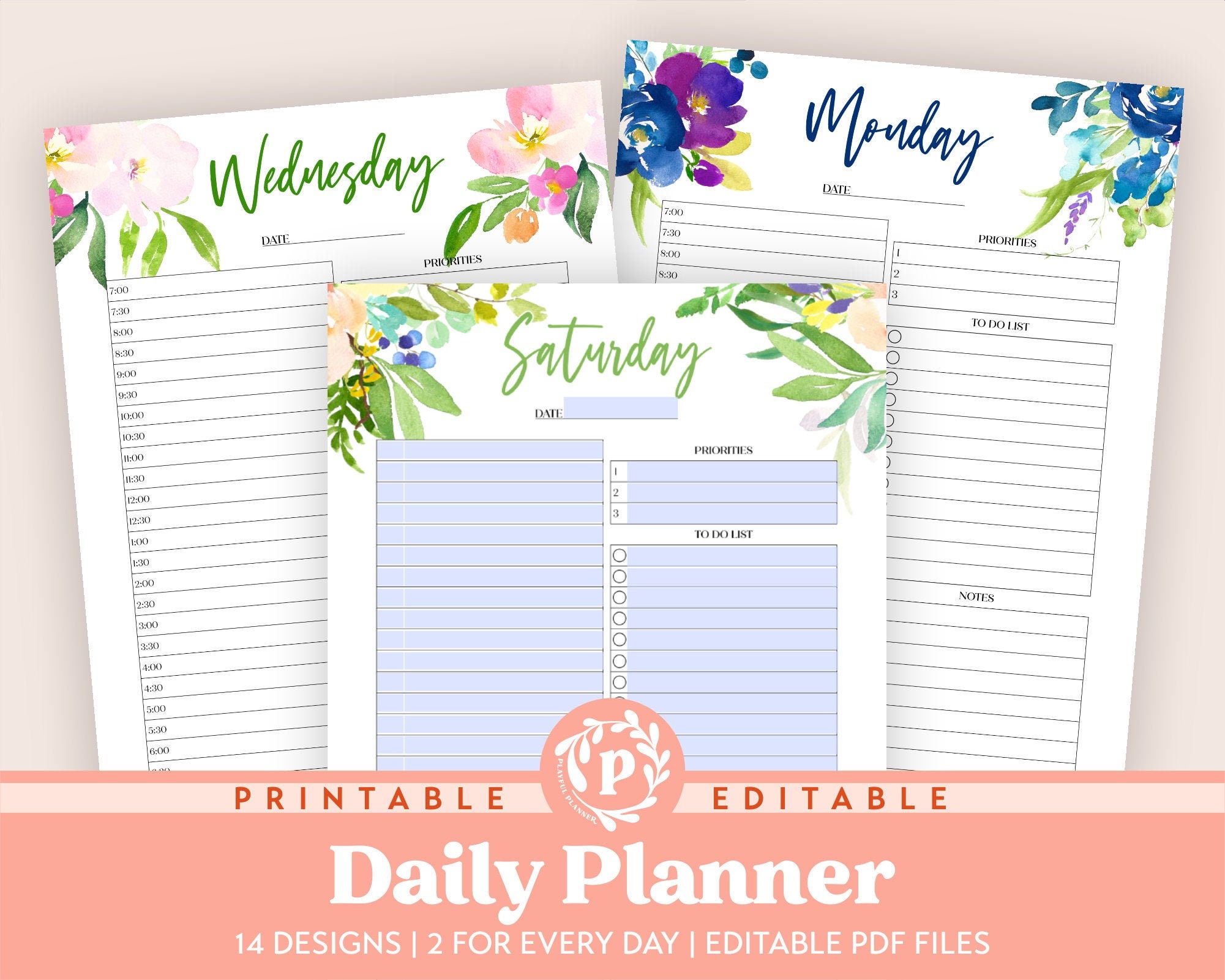 2 for Each Day Floral Daily Planner Bundle Printable Editable includes ...