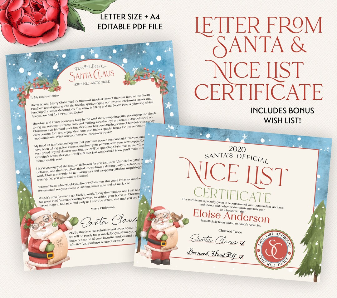Printable Letter From Santa Claus & Nice List Certificate Editable PDF ...