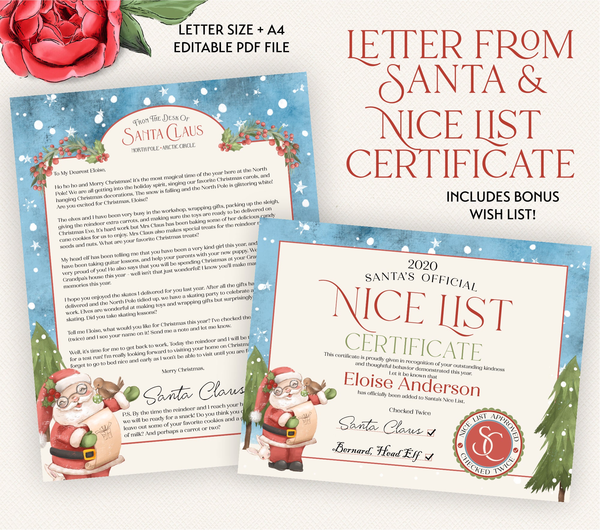 Printable Letter From Santa Claus & Nice List Certificate | Etsy