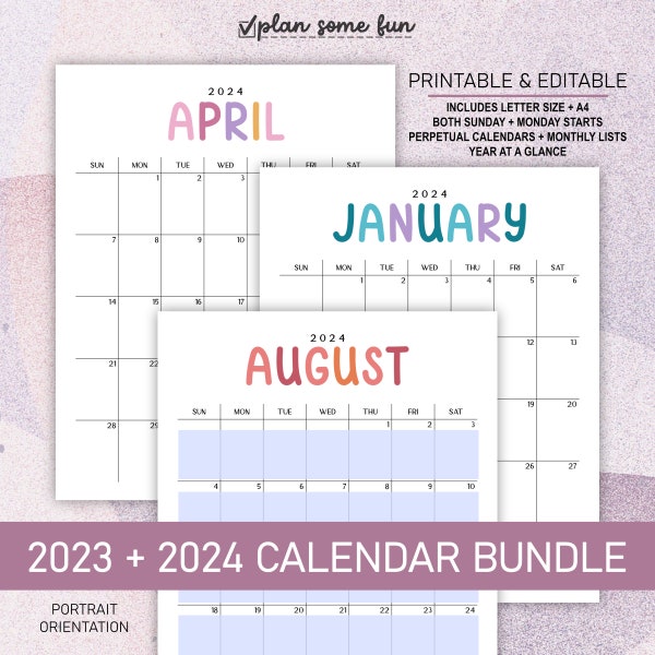 Printable 2023 2024 Calendar Vertical - Etsy