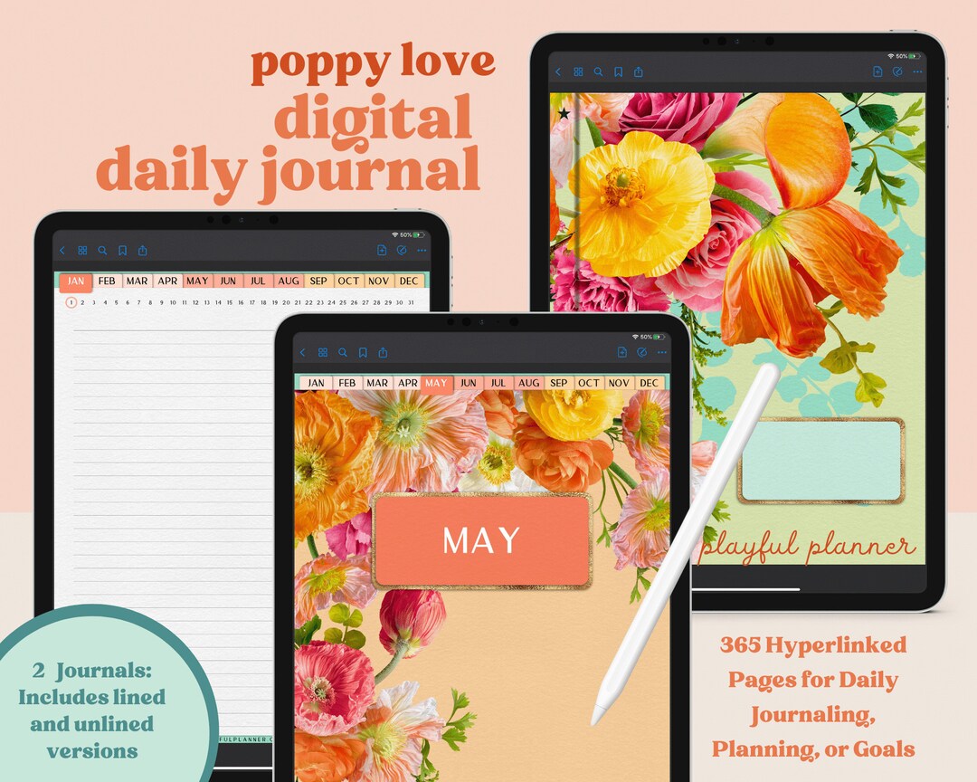 365-page Digital Daily Journal: Floral Covers, Template Stickers (PDF ...