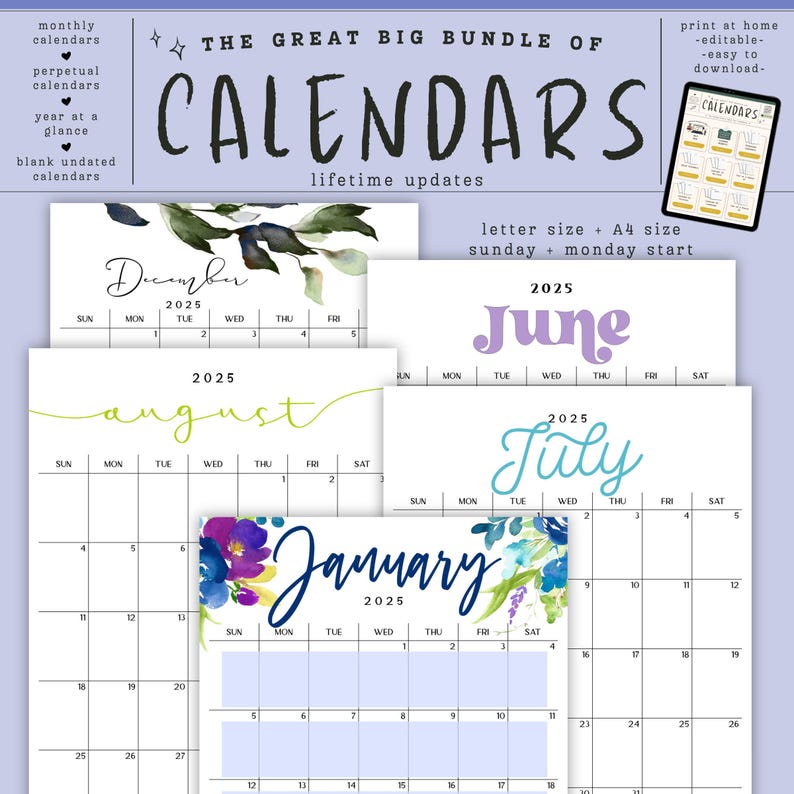 2025 - 2027 Calendar Lifetime Bundle| Printable and Editable Portrait ...