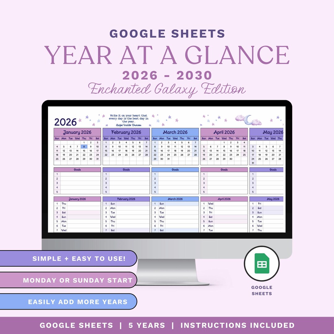 Year at a Glance Google Sheets Calendar | 5-year Planner (2026–2030 ...