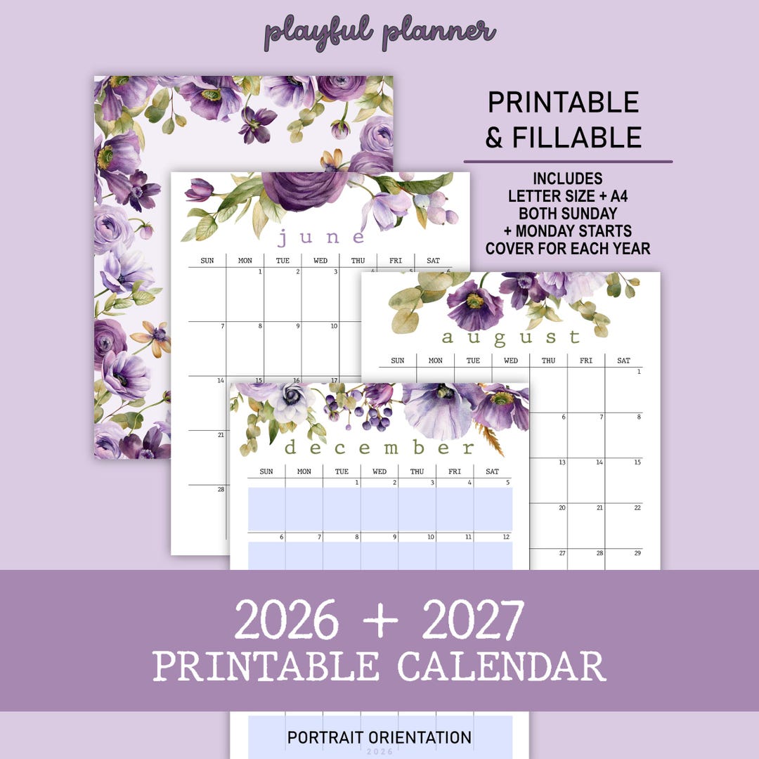 2026-2027 Purple Floral Calendar Bundle: Editable Printable (a4/letter ...