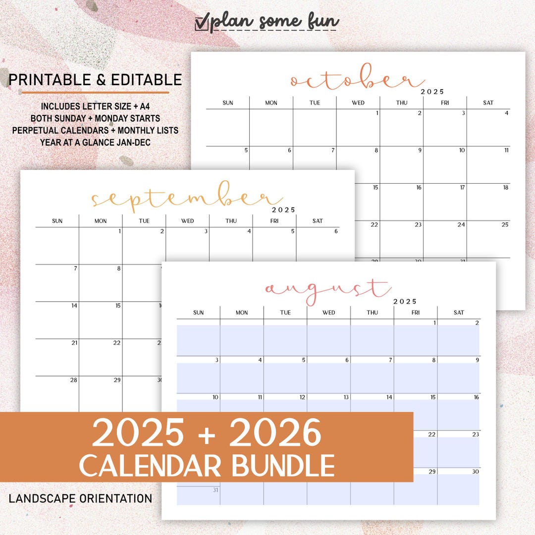 Printable Editable 2025 + 2026 Landscape Monthly Calendar Bundle ...