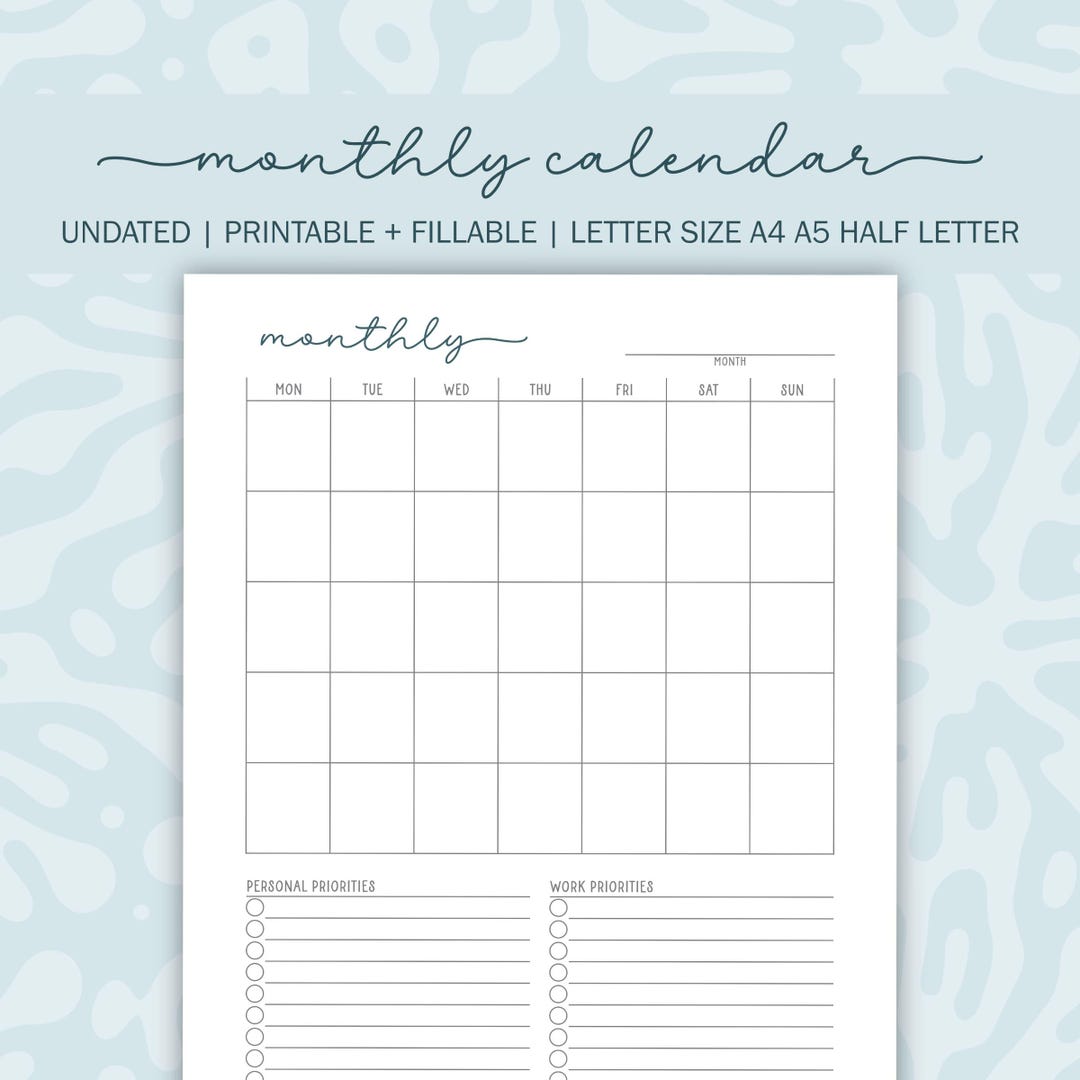 Printable Undated Monthly Calendar: Fillable PDF, A4 A5 Letter (digital ...