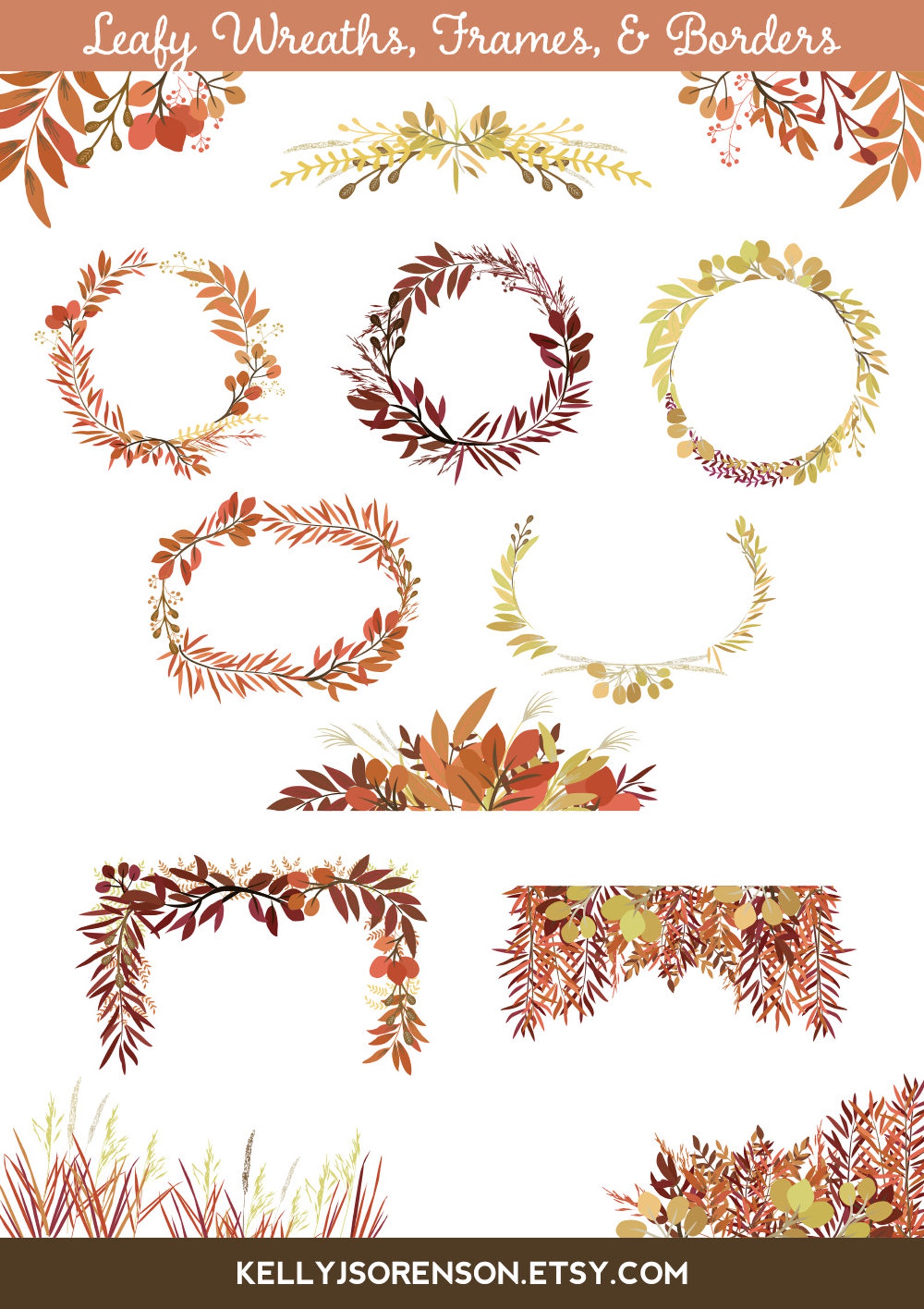 Autumn Leaves Clipart: Fall Leaf Wreath, Greenery Botanicals (digital ...