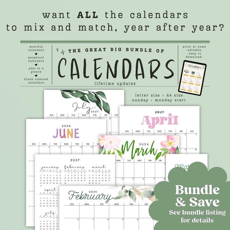 Calendar Bundle 2026-2027: Monthly, Perpetual, Academic (editable PDF ...