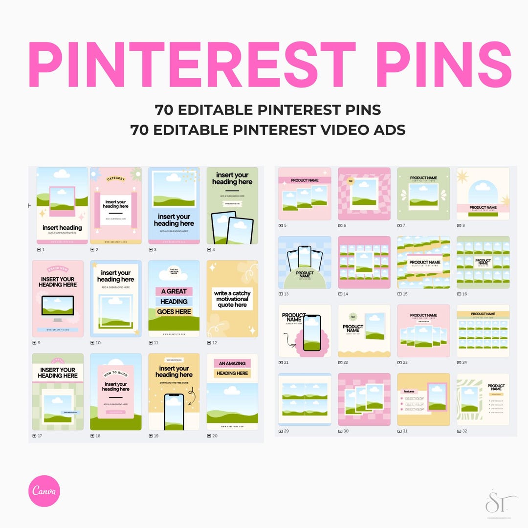 Kawaii Pinterest Pin Templates Canva – 70 Editable Vertical Pins for ...