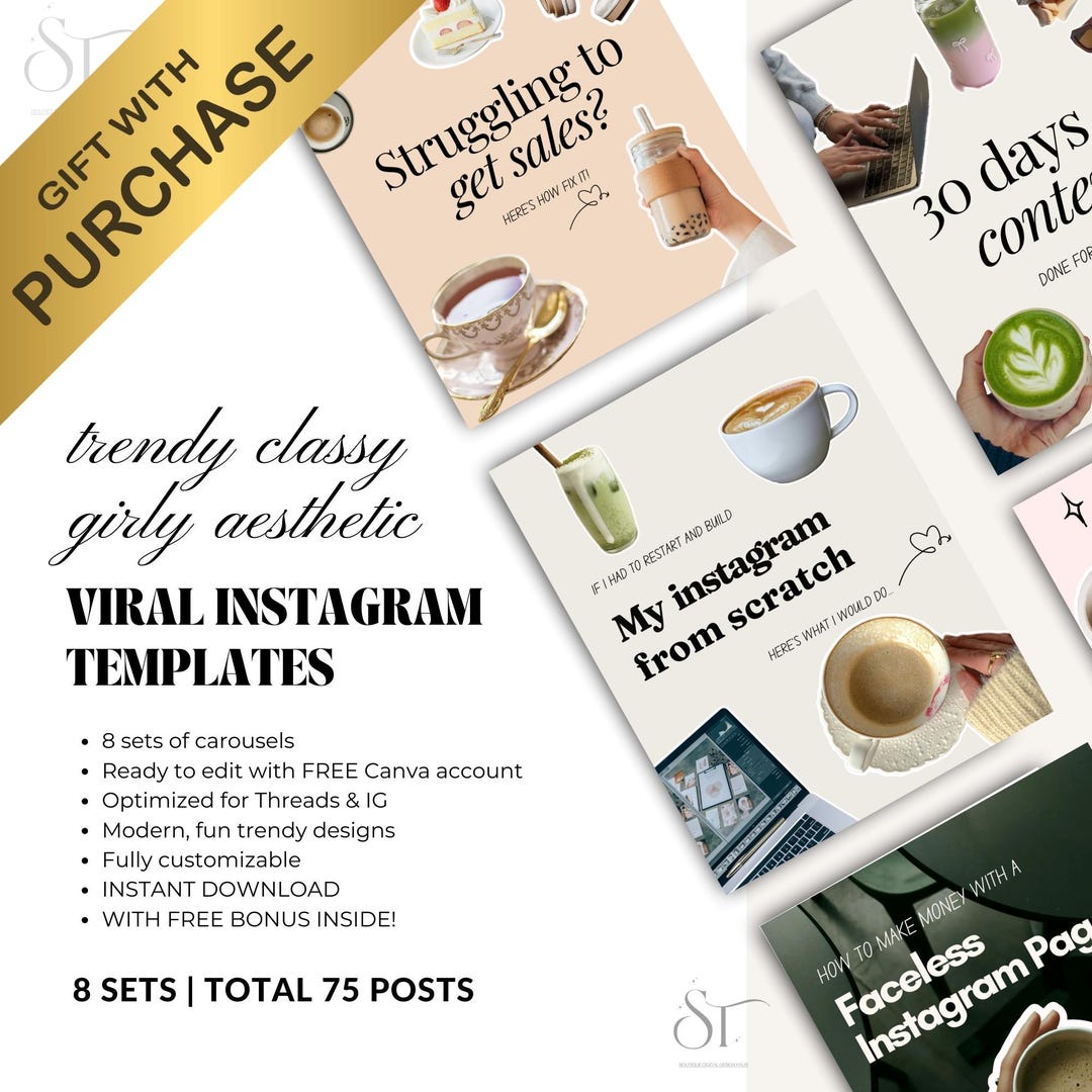Faceless Soft Girl Instagram Template Pack, 75 Viral Aesthetic Posts ...