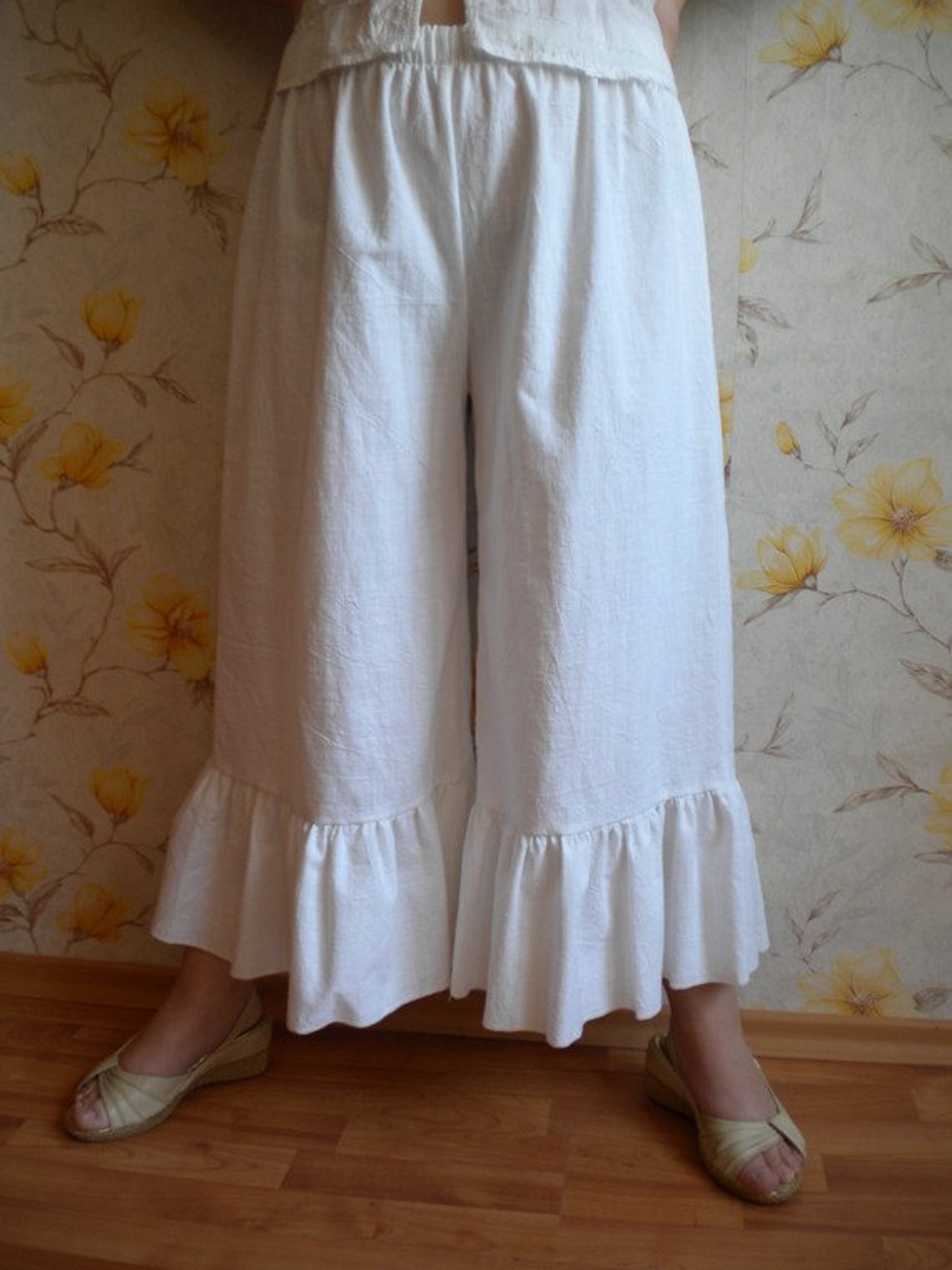 Ruffle Pant Bloomers, Wide Leg Knickers, White Linen Pantaloons, Boho ...