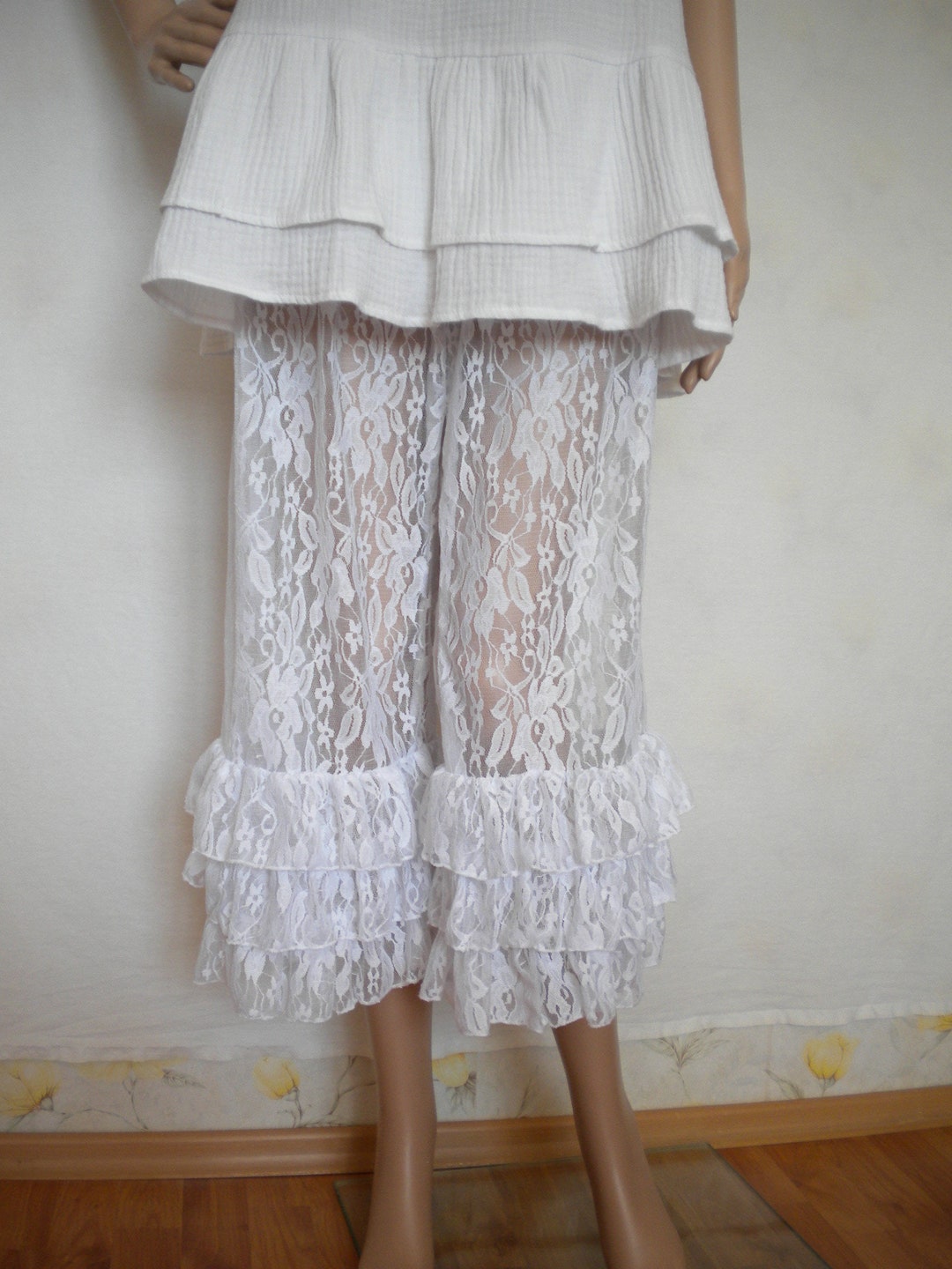 Lace Ruffle Bloomers, White Frilly Capri Pant, Sheer See Through Wide ...