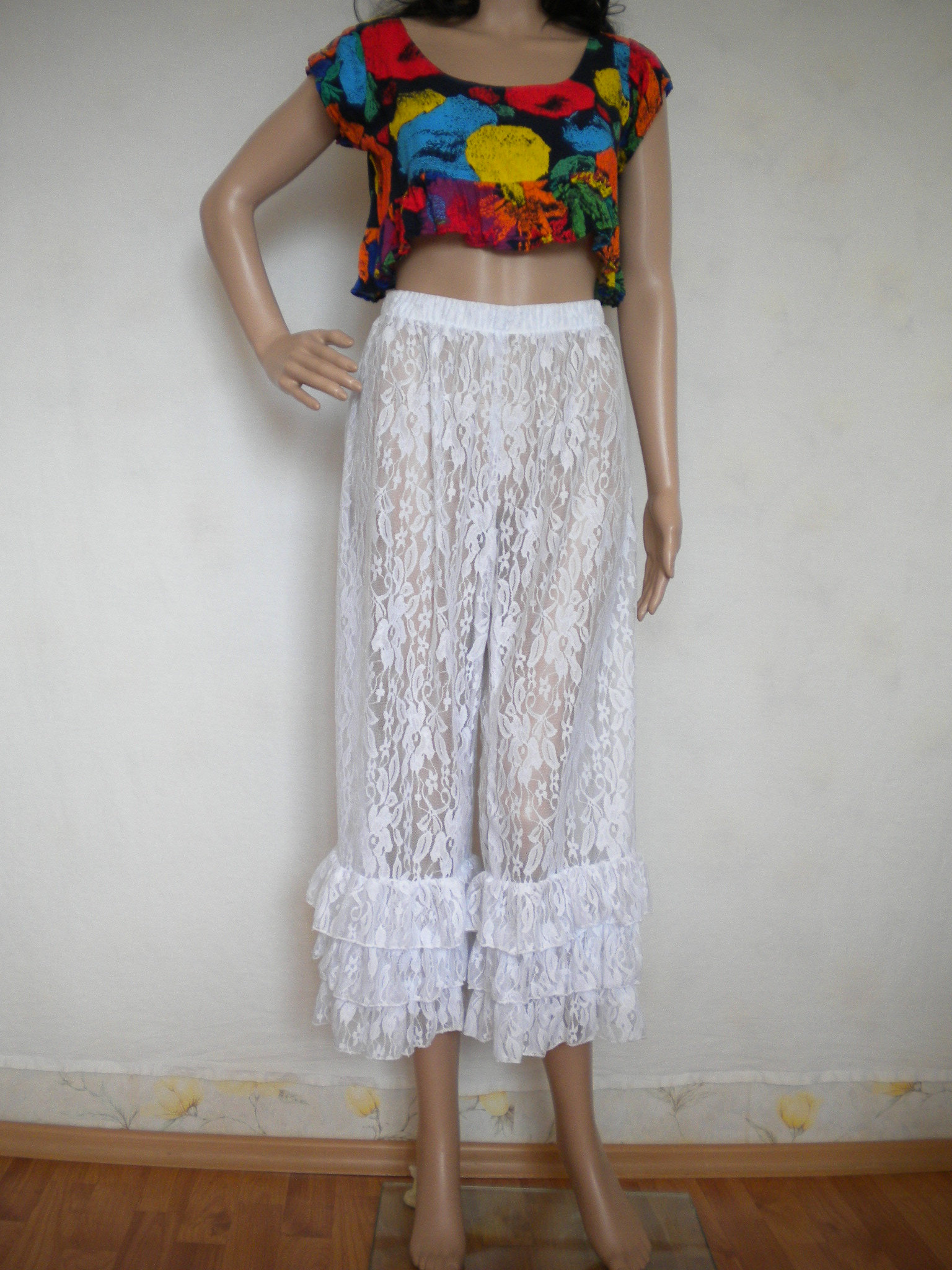 Black Lace Ruffle Bloomers, Capri Sheer Pant, Wide Leg Loose Knickers ...