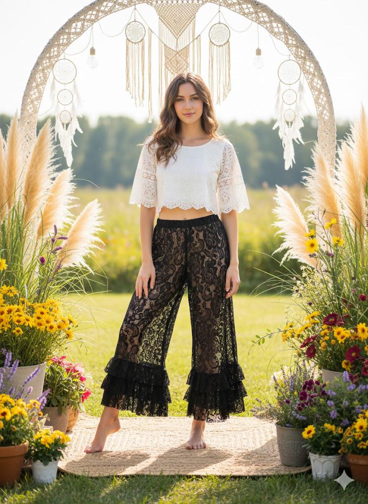Black Lace Ruffle Bloomers, Capri Sheer Pant, Wide Leg Loose Knickers ...