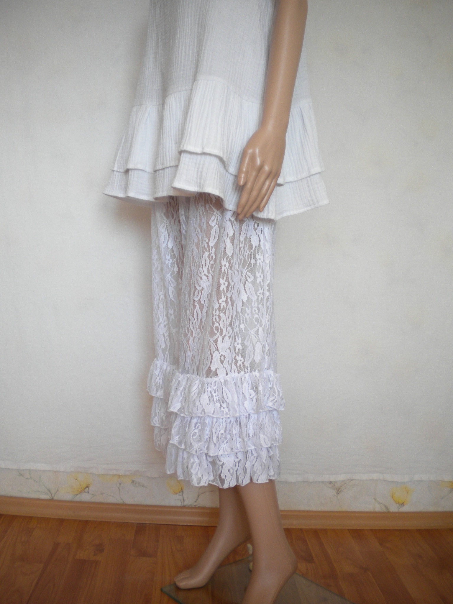 Black Lace Ruffle Bloomers, Capri Sheer Pant, Wide Leg Loose Knickers ...