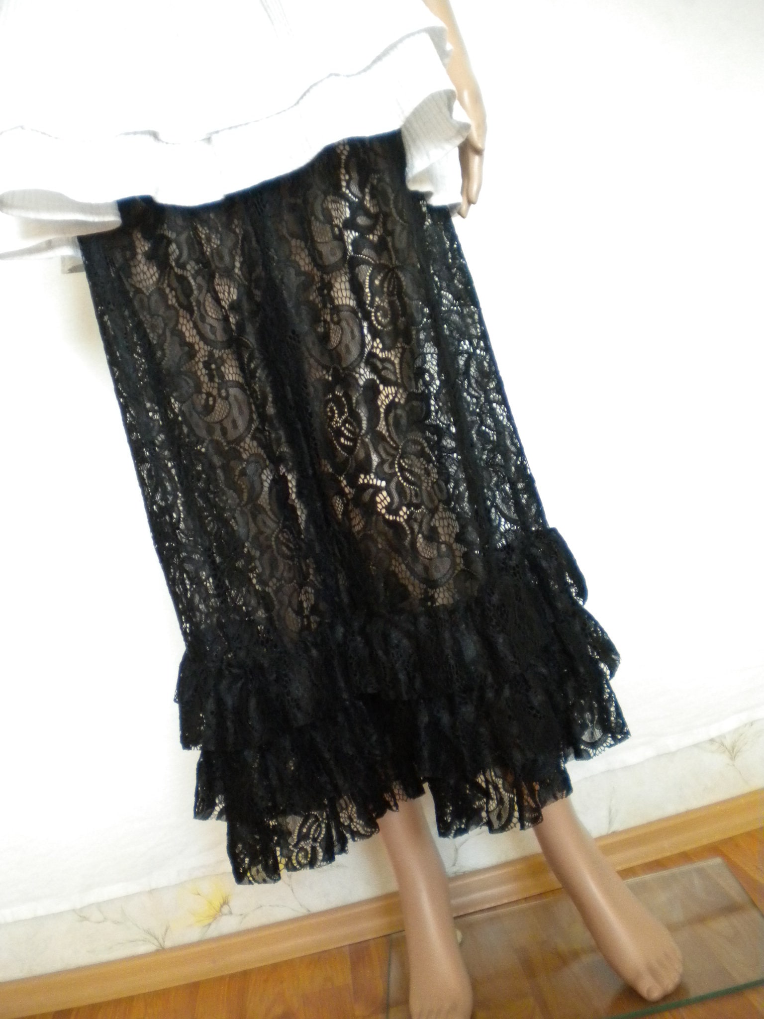 Black Lace Ruffle Bloomers, Capri Sheer Pant, Wide Leg Loose Knickers ...