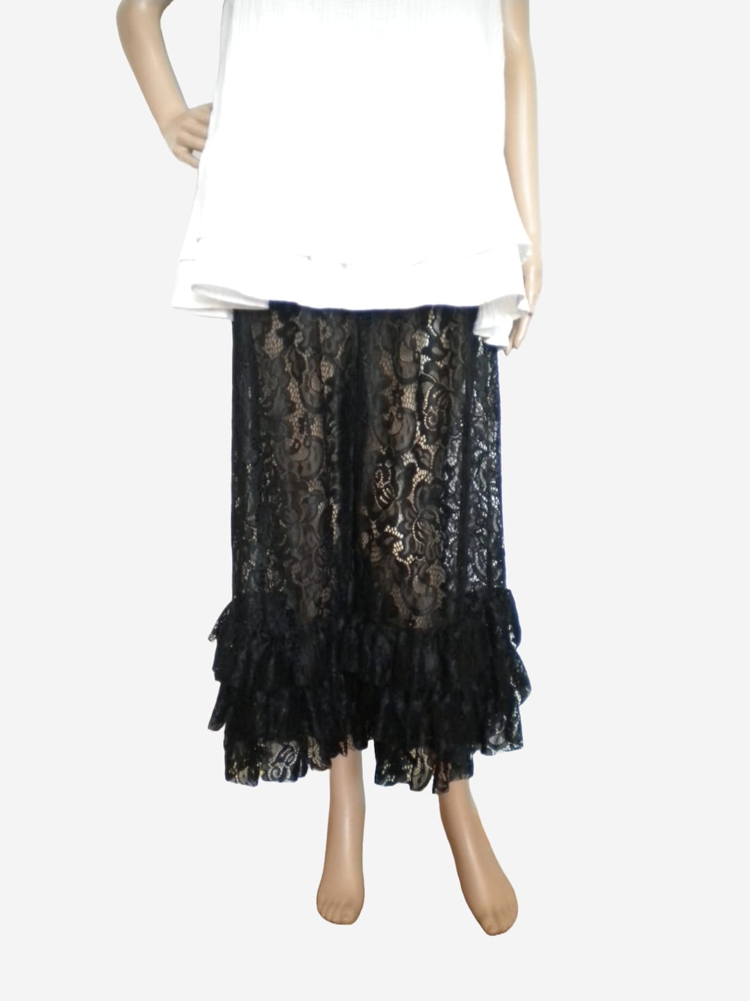 Black Lace Ruffle Bloomers, Capri Sheer Pant, Wide Leg Loose Knickers ...