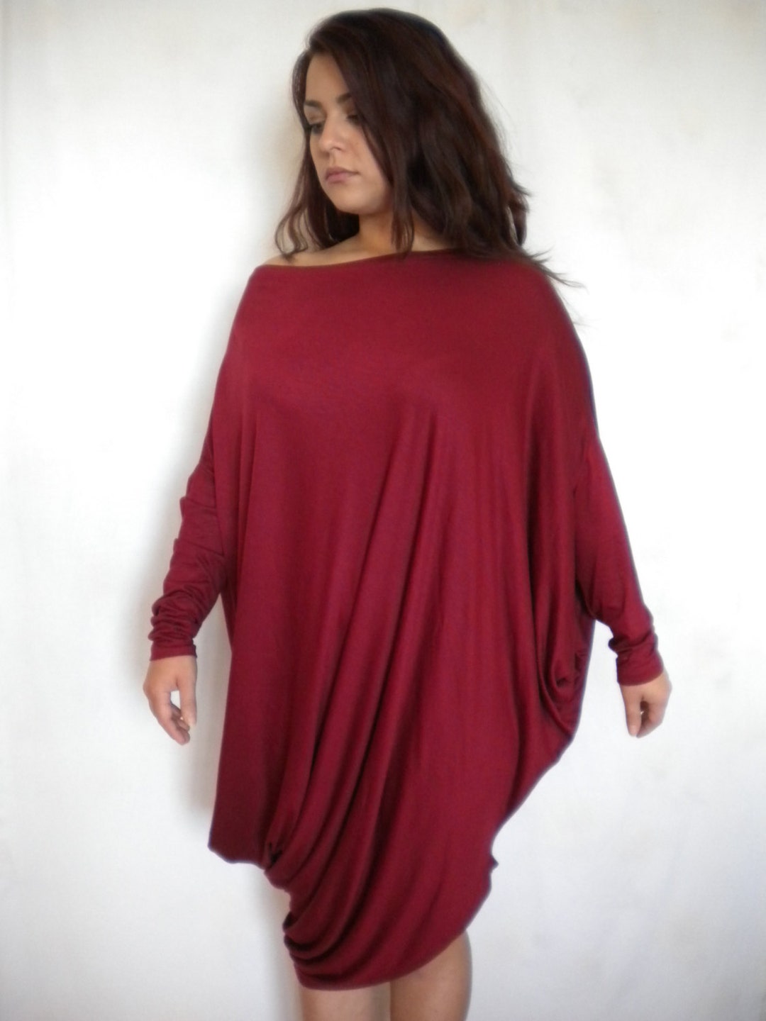 Off Shoulder Drape Dress, Loose Fitting Asymmetric Oversized Kaftan ...