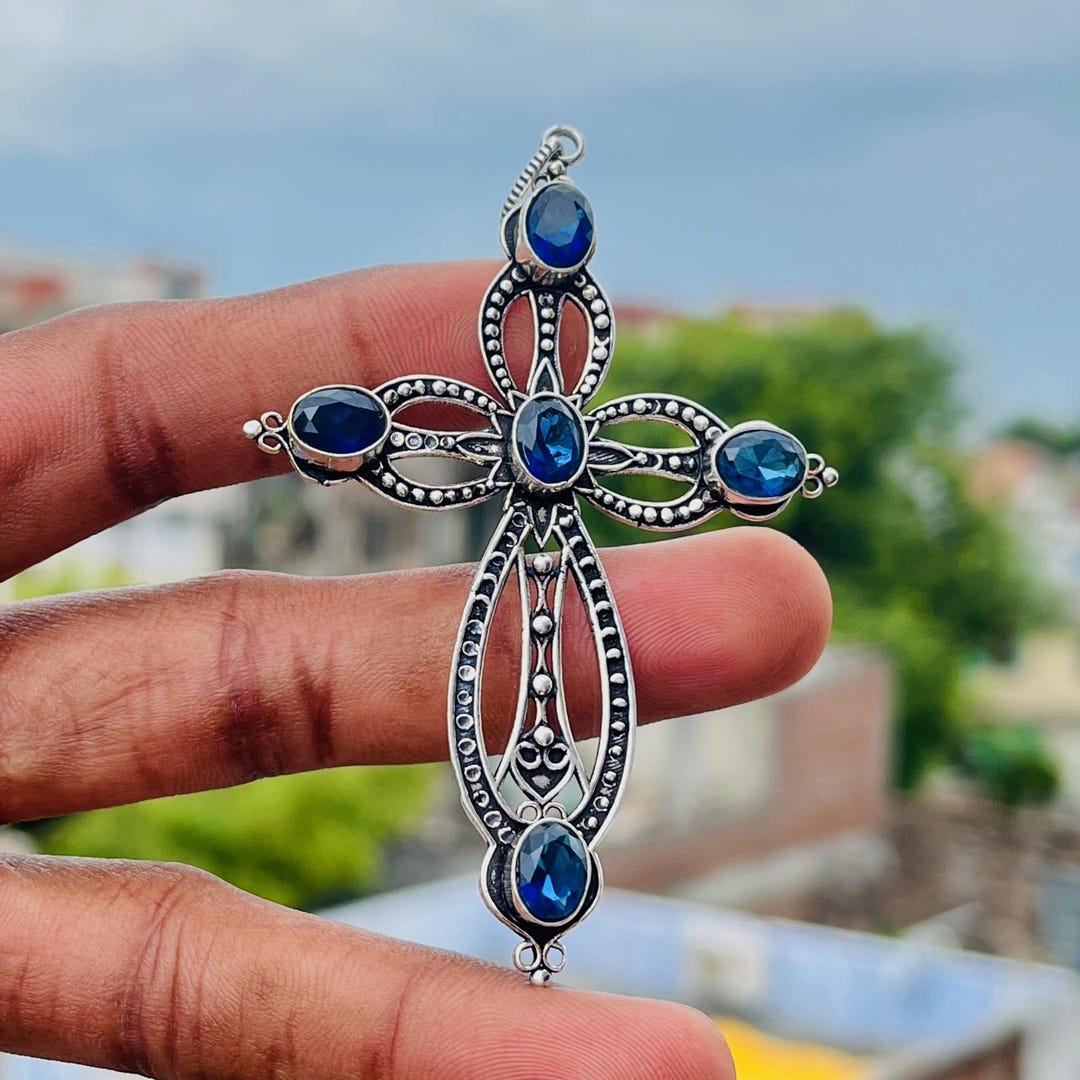 Multi Gemstone Cross Pendant, Sterling Silver Oval Shape Pendant, Pink ...