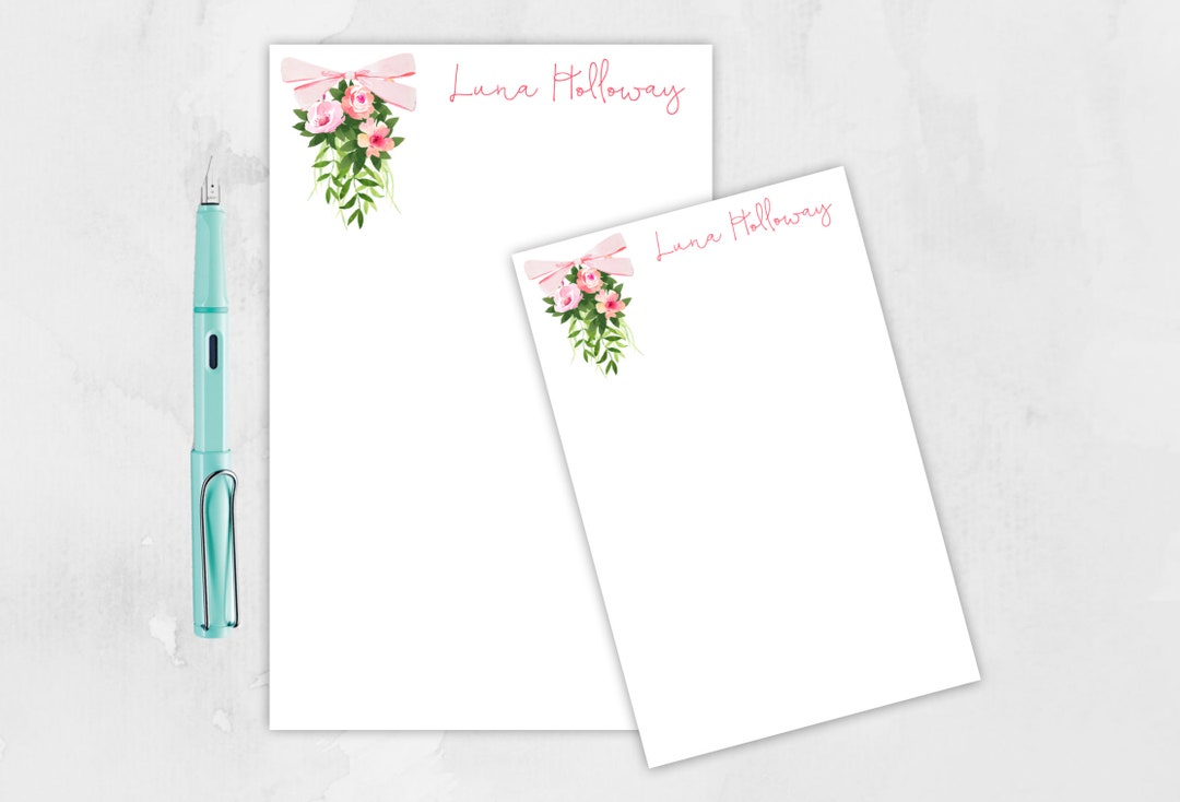 Personalized Pink Floral Swag Notepad With Bow, Custom Feminine ...