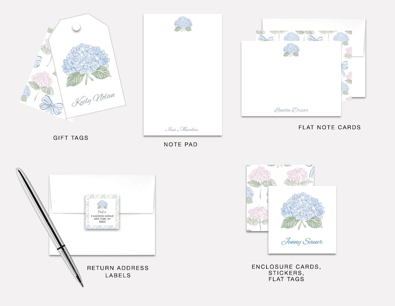 Custom Preppy Stationery, Grandmillennial Flat Note Cards, Hydrangea ...