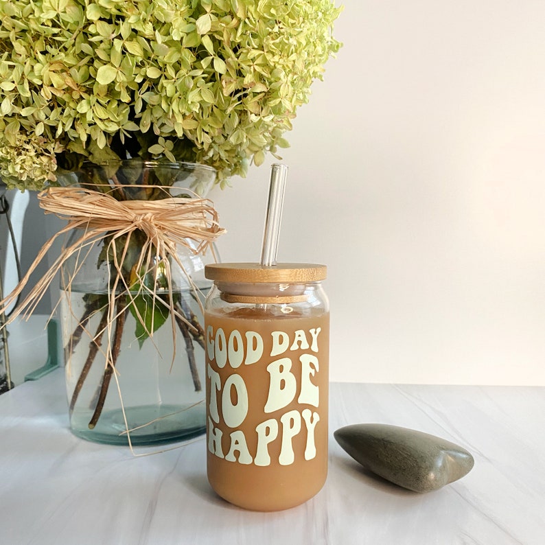 Boho Inspired Glass Can Cup, Bamboo Lid and Straw, Ideal for Women ...