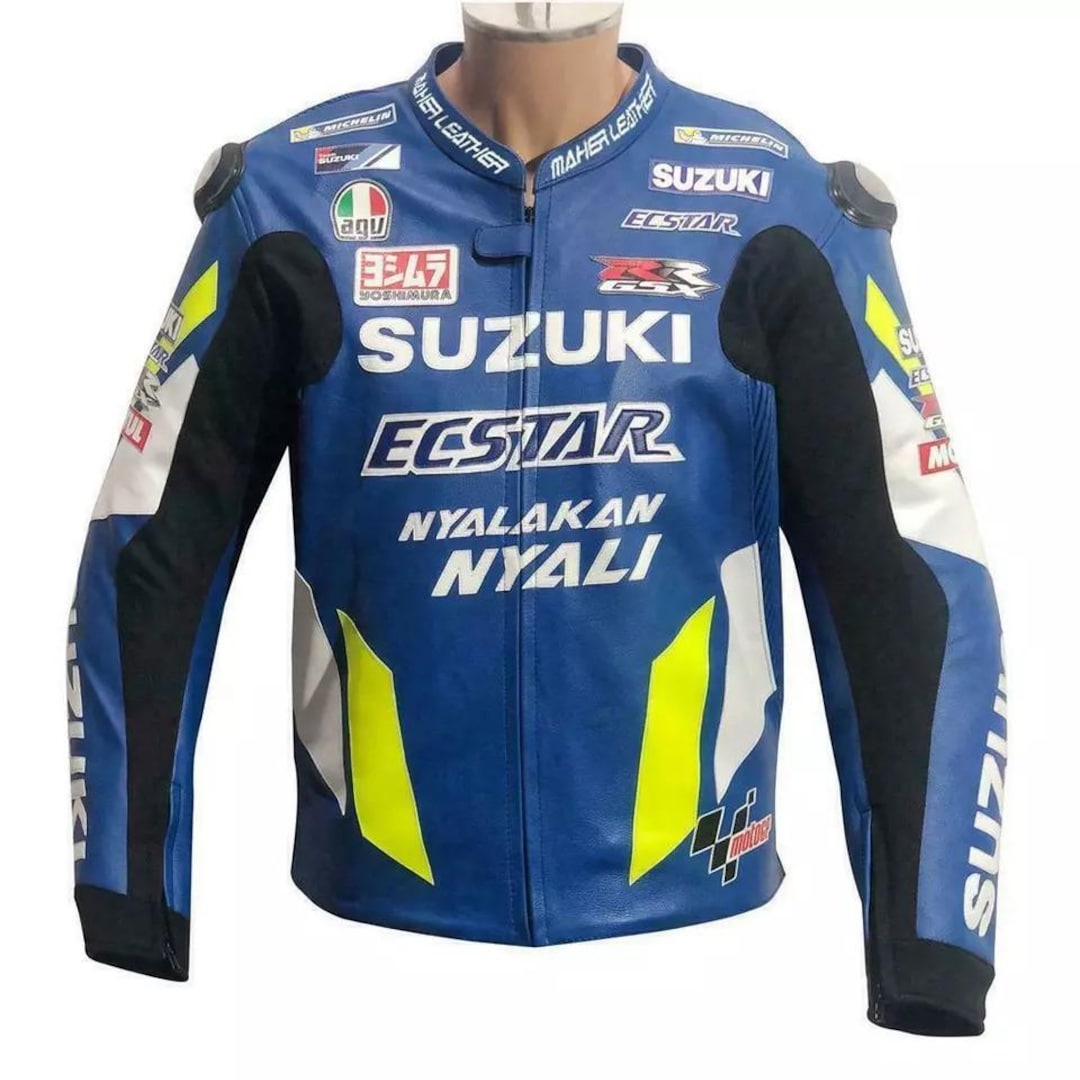 Suzuki Motorcycle Leather Jacket | Blue Black Biker Gear | CE Armored ...