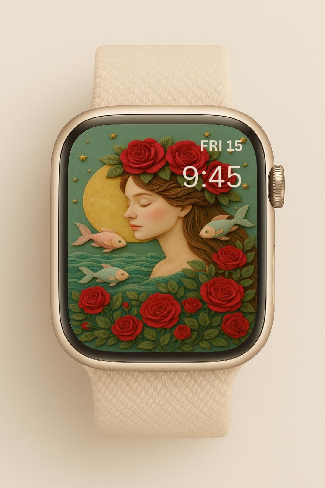 Fantasy 3D Watch Face – Sleeping Girl With Red Rose Crown, Full Moon ...