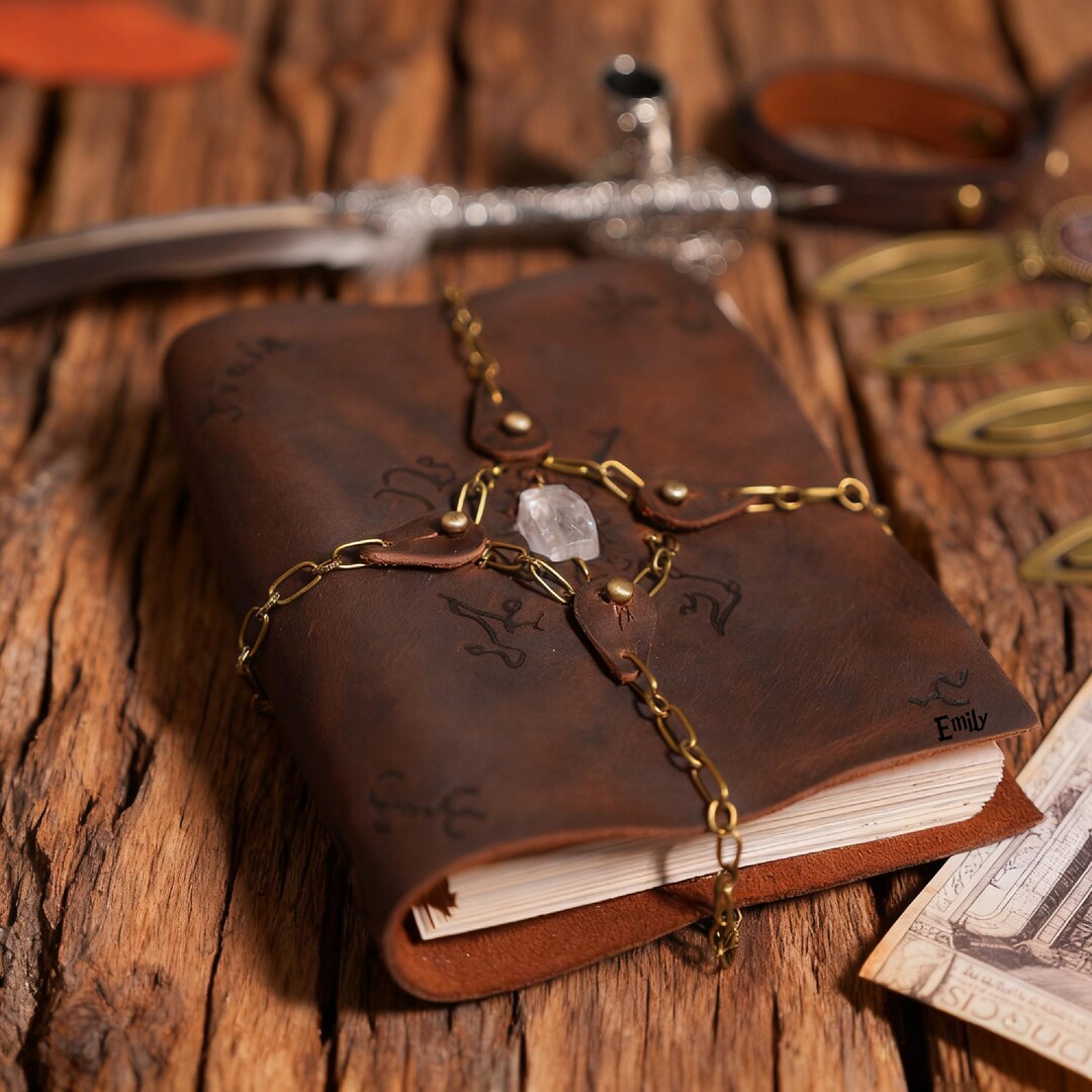 Personalized Leather Magic Book, Vintage Chain Notebook Set, Magical ...
