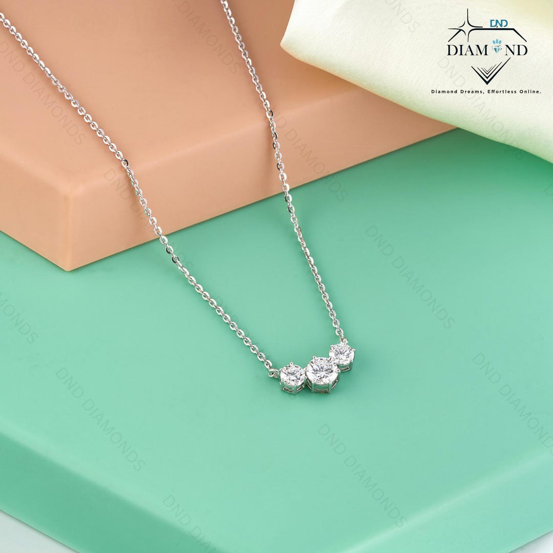DND Diamonds 3 Stone Necklace | 18K White Gold Pendant | 1.43 CT Lab ...
