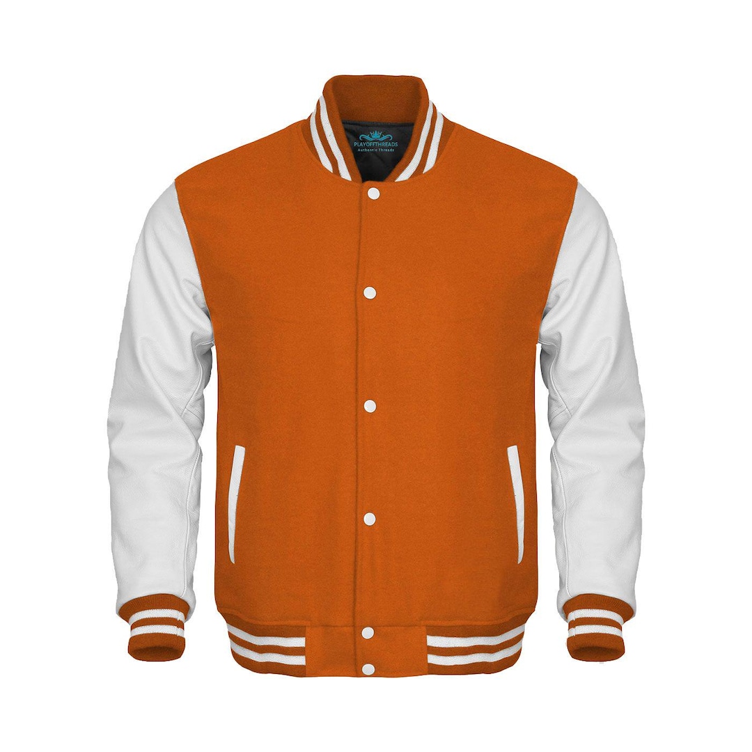 Varsity Jacket Orange Body White Leather Sleeves Jacket Letterman ...