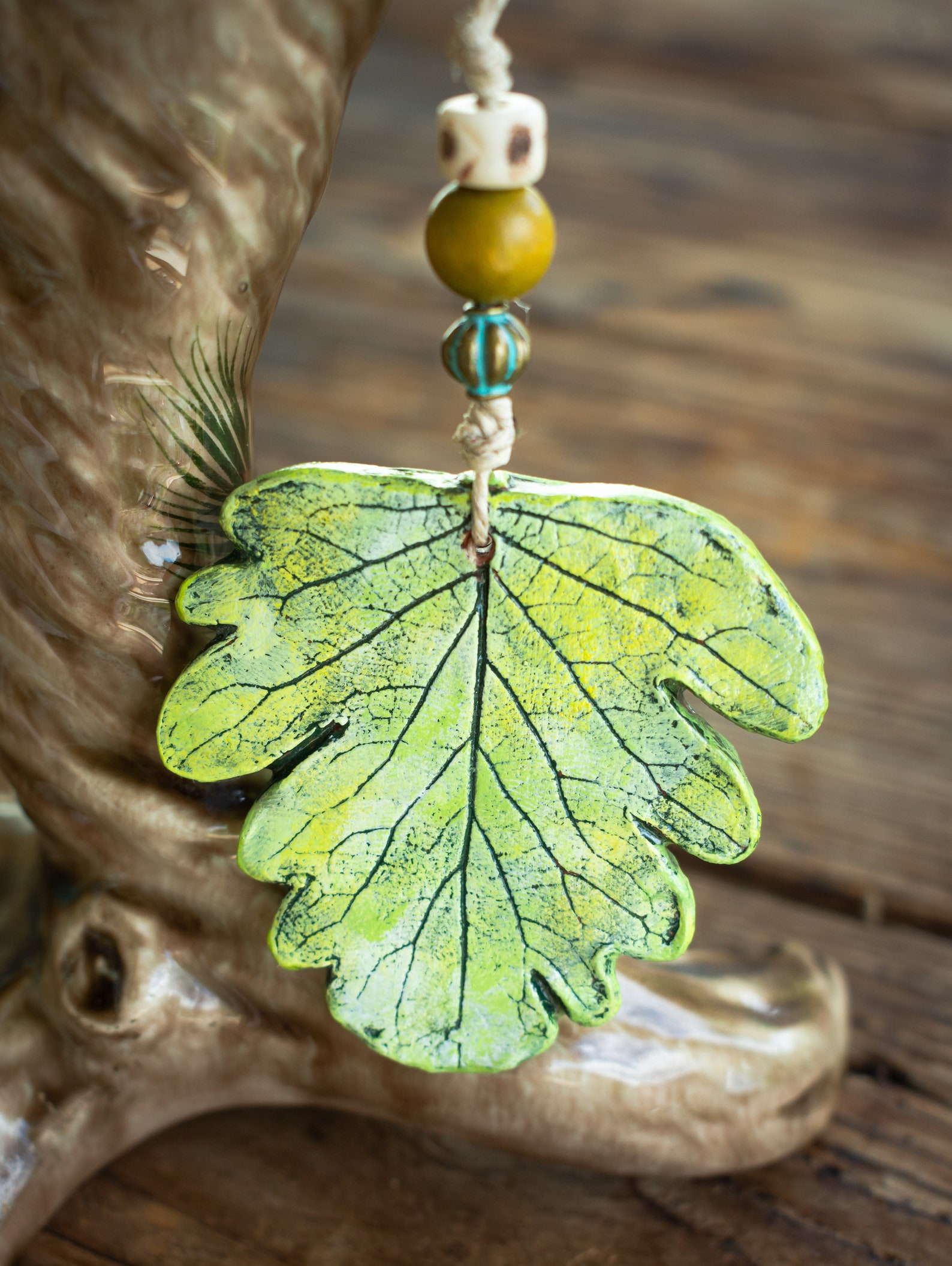 Ornament Real Snowberry Leaf Impression Clay Green Color Hemp Cord ...