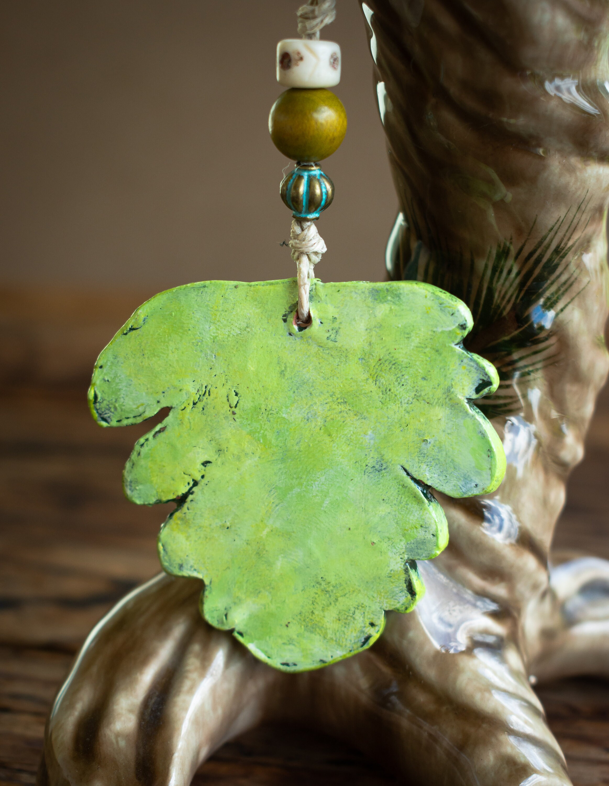 Ornament Real Snowberry Leaf Impression Clay Green Color Hemp Cord ...