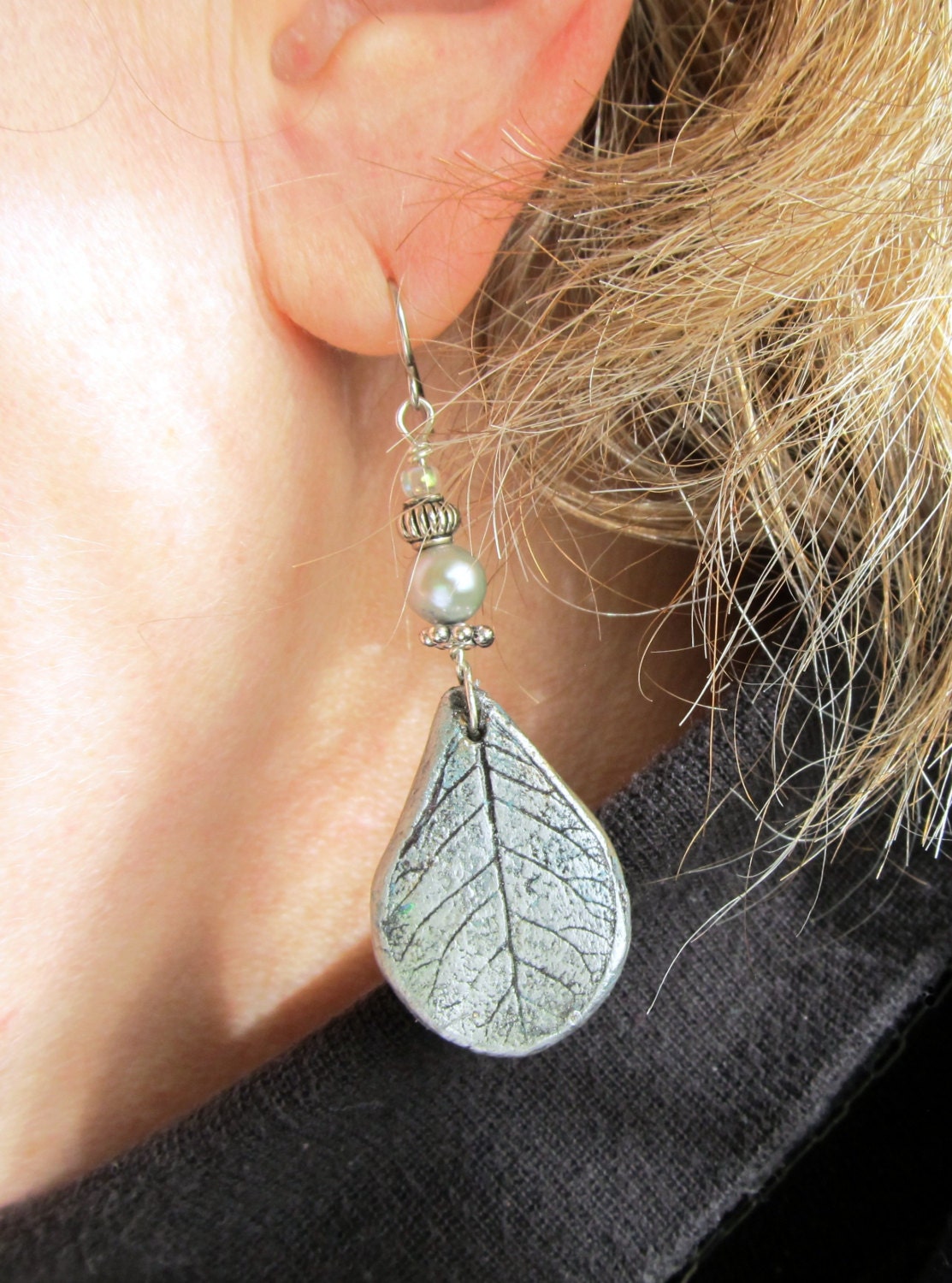 Earrings Smoke Bush Leaf With Freshwater Pearl, Pewter, Glass Bead on ...