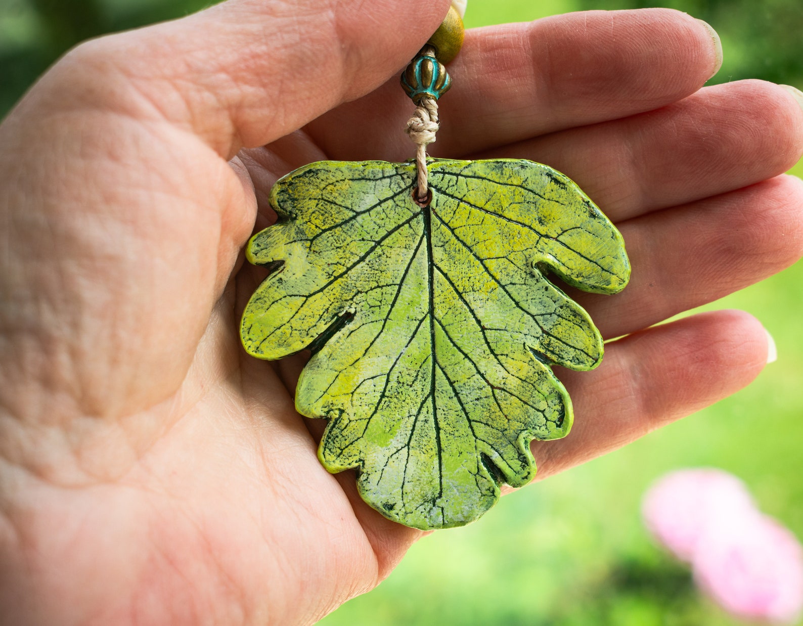 Ornament Real Snowberry Leaf Impression Clay Green Color Hemp Cord ...