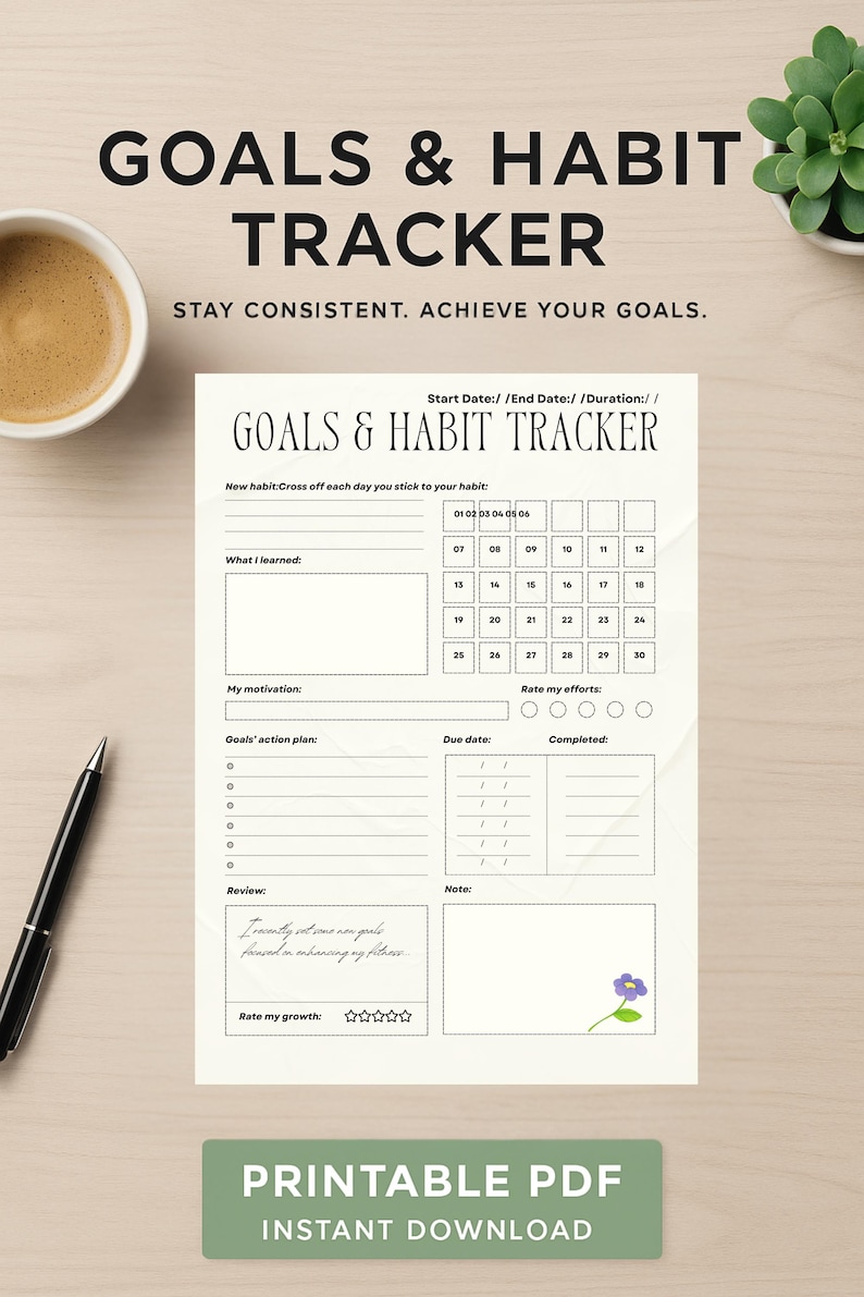 Printable Goals and Habit Tracker Planner | Daily and Monthly Goal ...