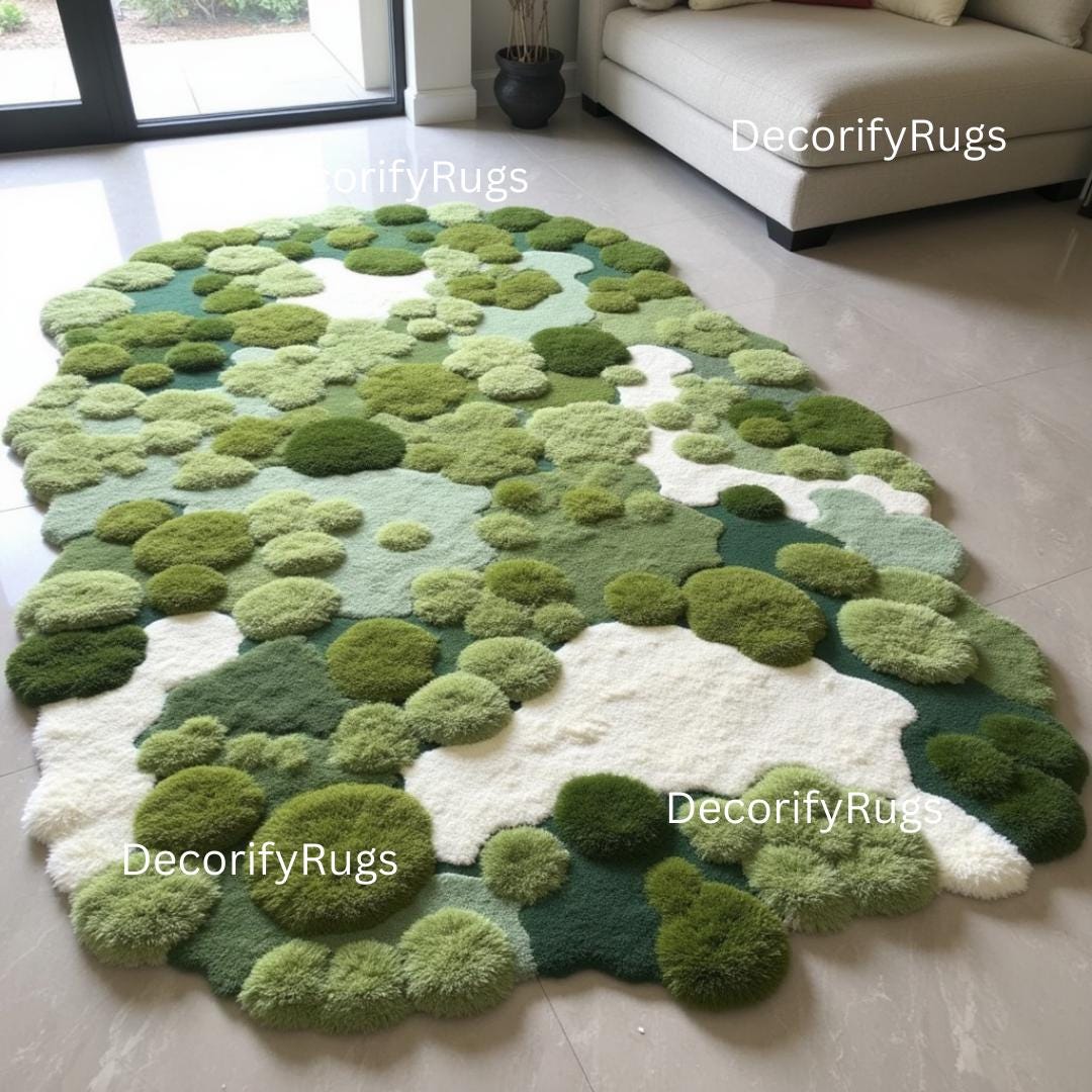Hand-tufted Moss Rug | Green & White Organic Freeform Wool Carpet | 3D ...