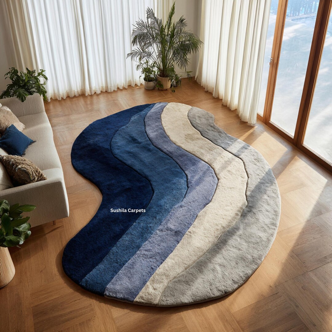 Handmade Ocean Wave Rug | Blue Gradient Organic Shape Carpet | Modern ...
