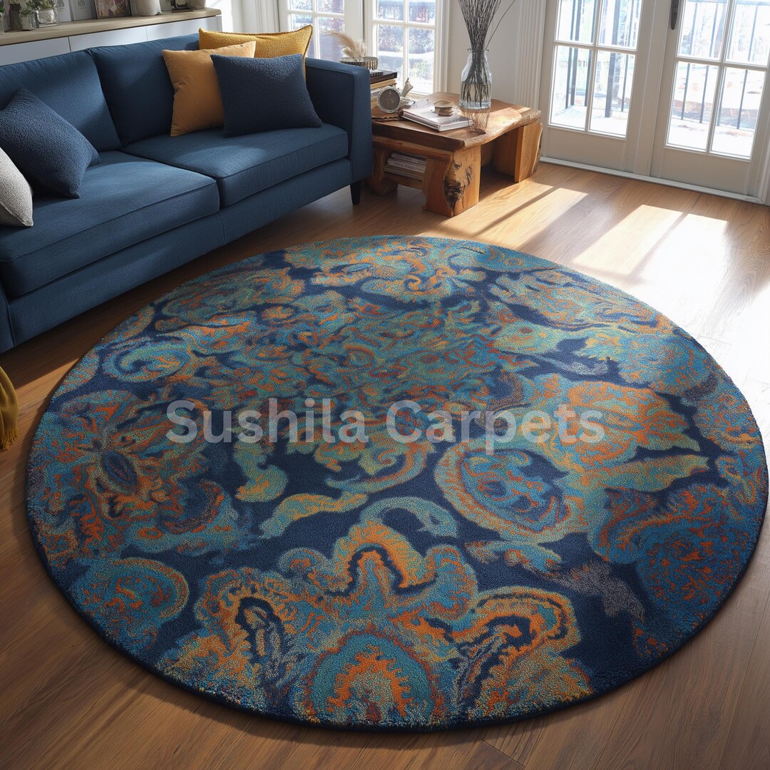 Royal Baroque Round Rug | Deep Blue & Burnt Orange Hand-tufted Carpet ...