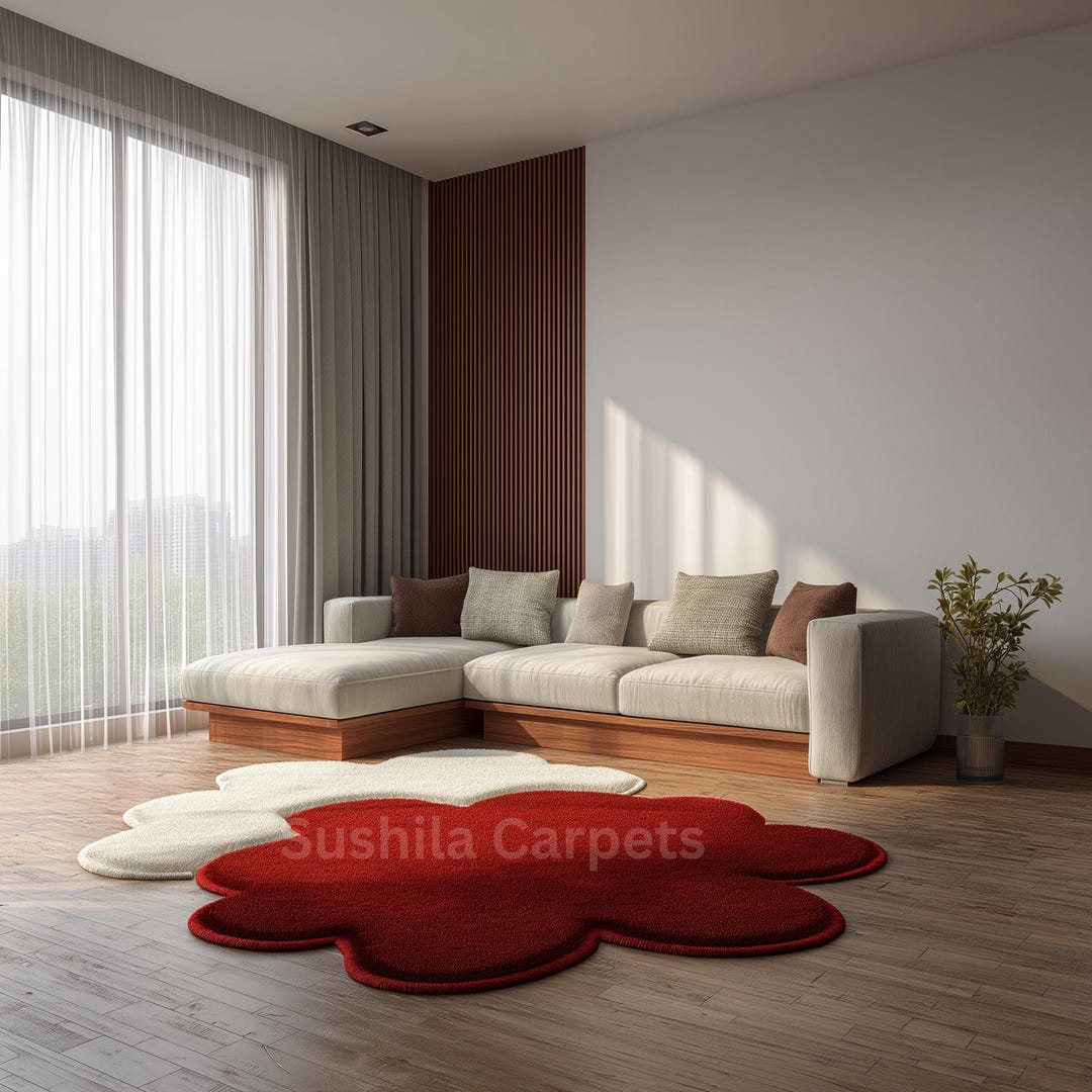 Red & White Flower Shaped Rug | Hand Tufted Wool Rug for Living Room ...