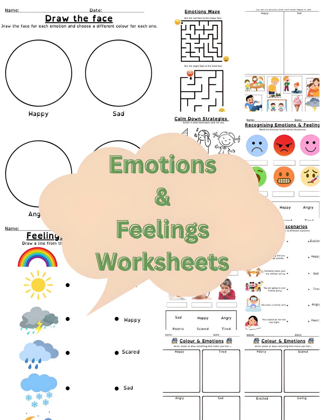 Feelings Worksheets for Kids | 10 Emotions Printables + 2 Bonus Self ...