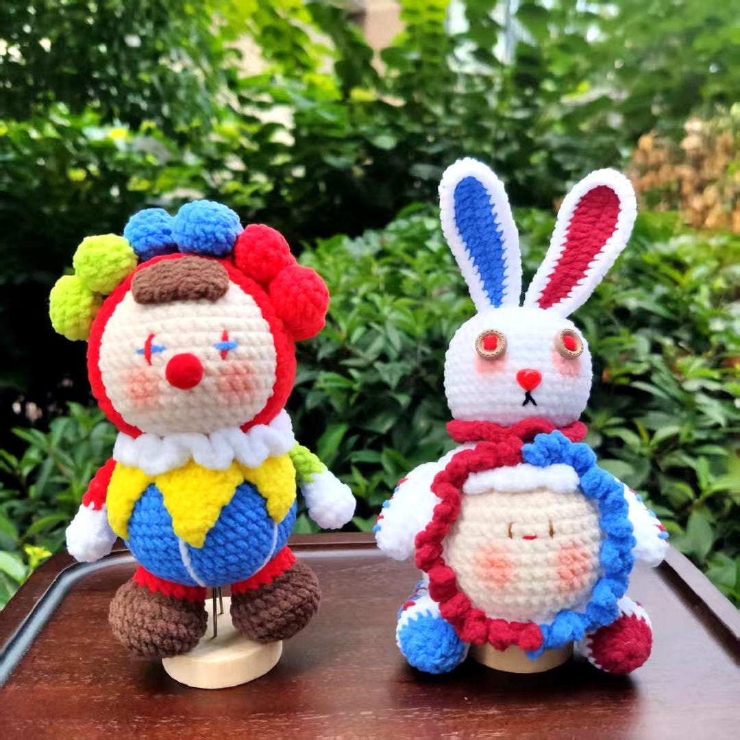 Hand-knitted Amigurumi Circus Jester & Bunny Rabbit Art Doll - Wooden ...
