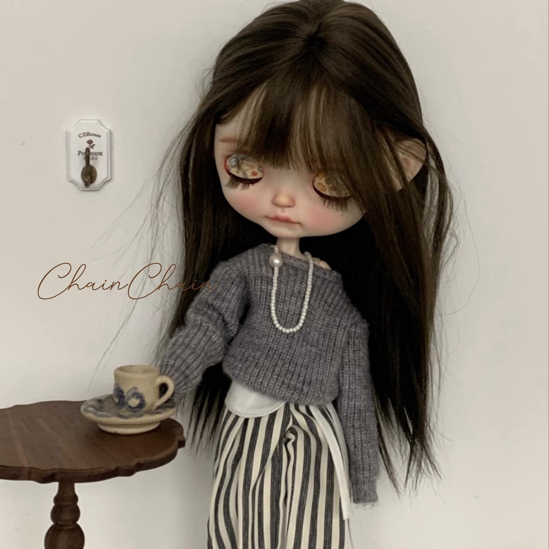 Y2K Blythe Doll Outfit – Gray Knit Top & Striped Wide-leg Pants for ...