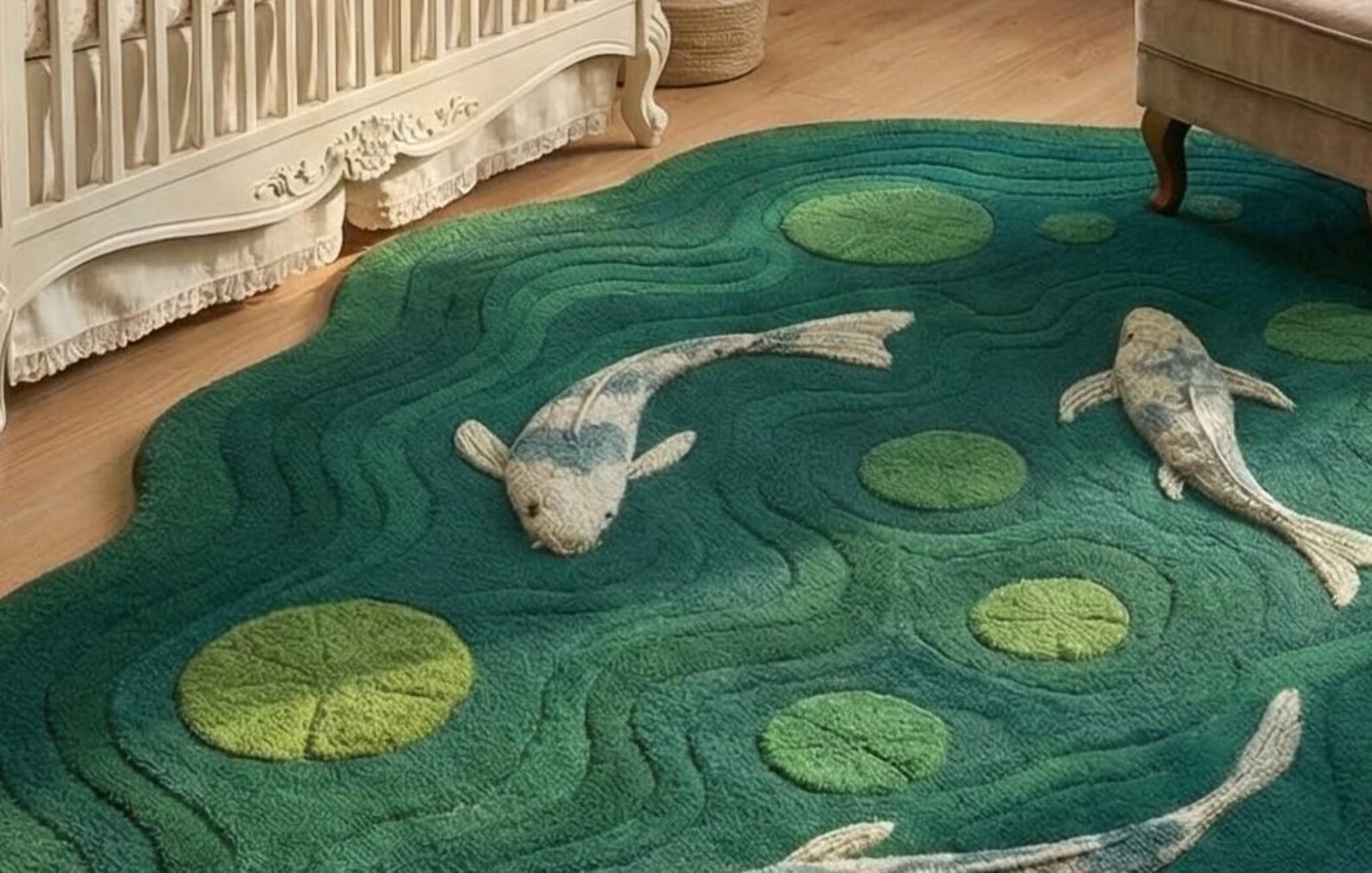 Hand Tufted Wool Rug ,koi Fish Pond Rug Serene Green Irregular Shape ...